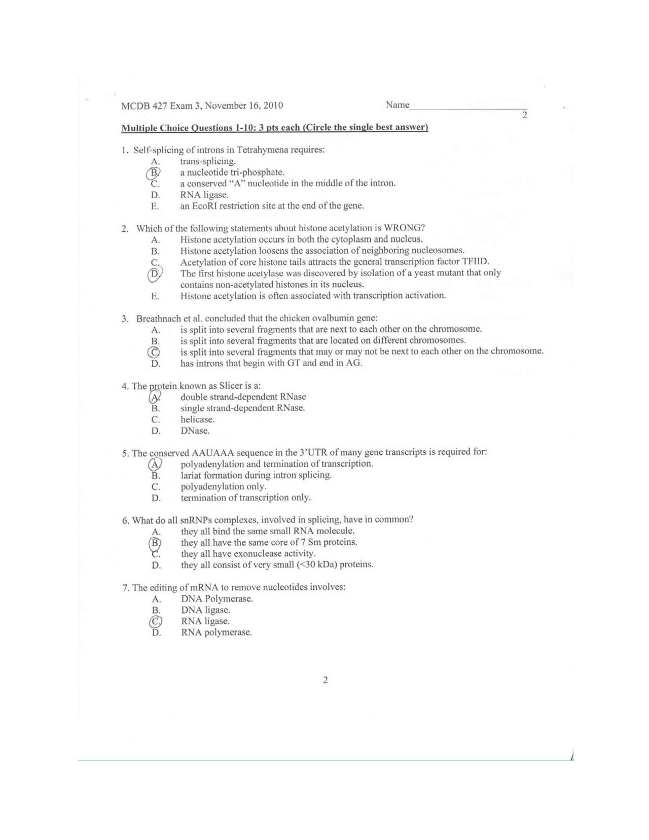 Solved Exam 3 For Molecular Biology Mcdb 427 Docsity