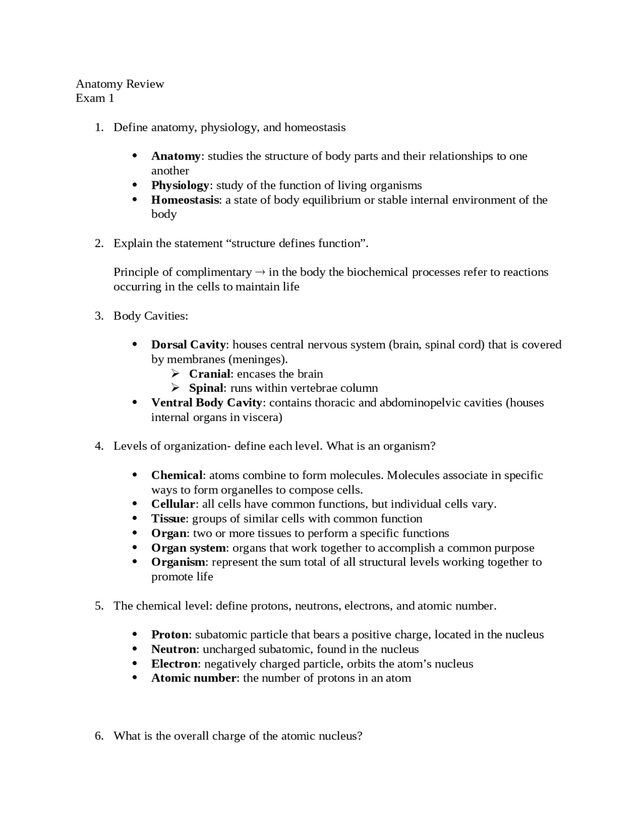 Exam 1 Review Sheet Human Anatomy And Physiology I Bsci 201 Docsity