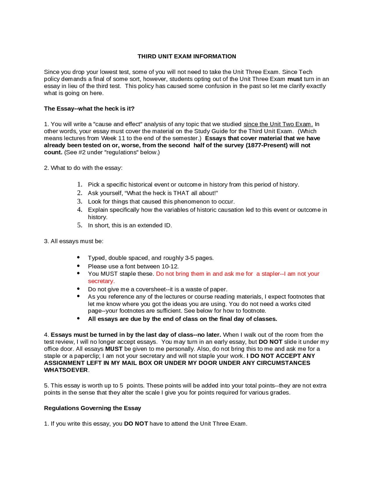 Unit Three Exam: Historical Essay Instructions and Regulations - Prof ...
