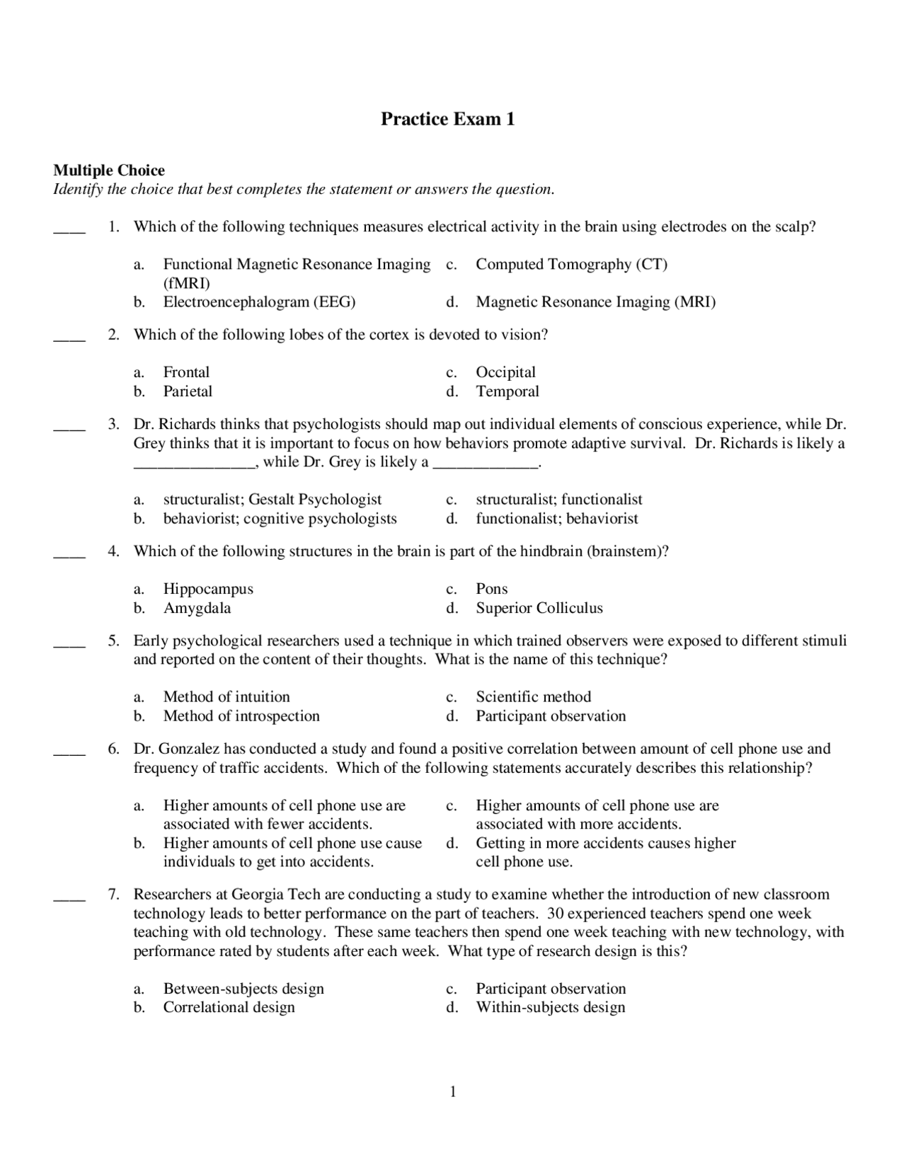 Practice Exam 1 Questions for General Psychology | PSYC 1101 - Docsity