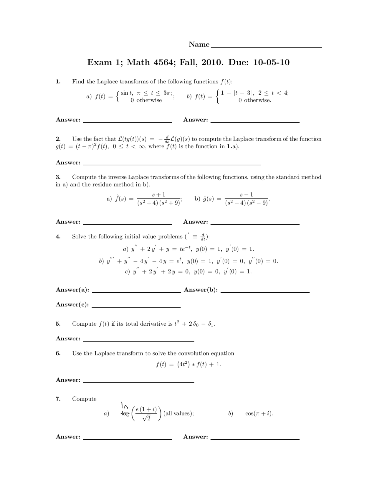 7 Questions For Exam 1 Operational Methods Math 4564 Docsity