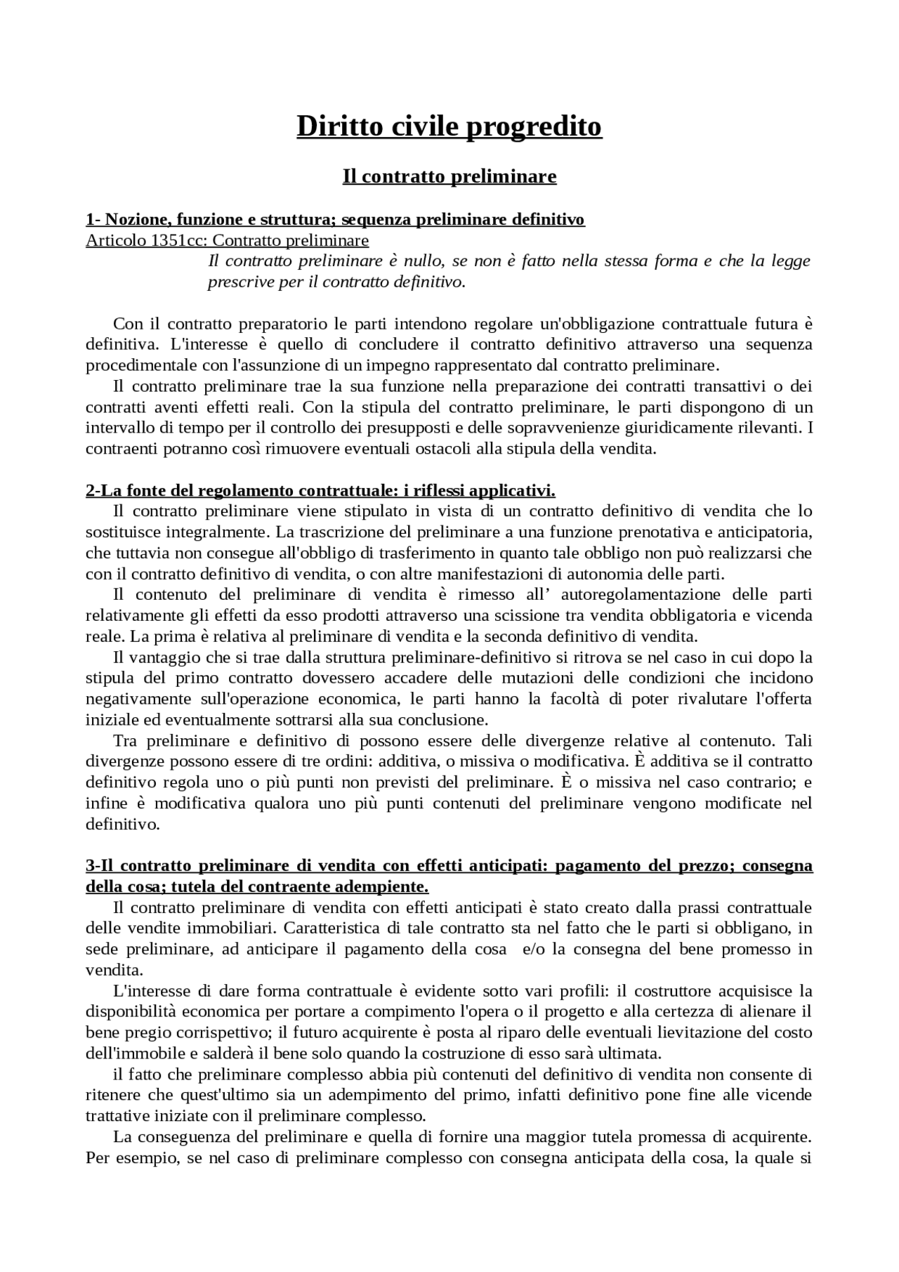 Diritto Civile Progredito Il Contratto Preliminare Docsity
