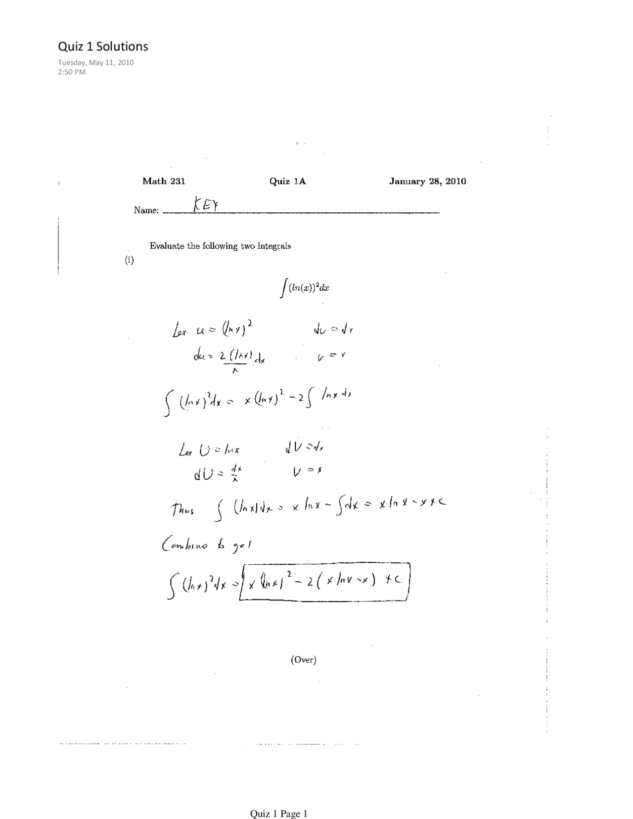 Quiz 1a With Answer Key Calculus Ii Math 231 Docsity