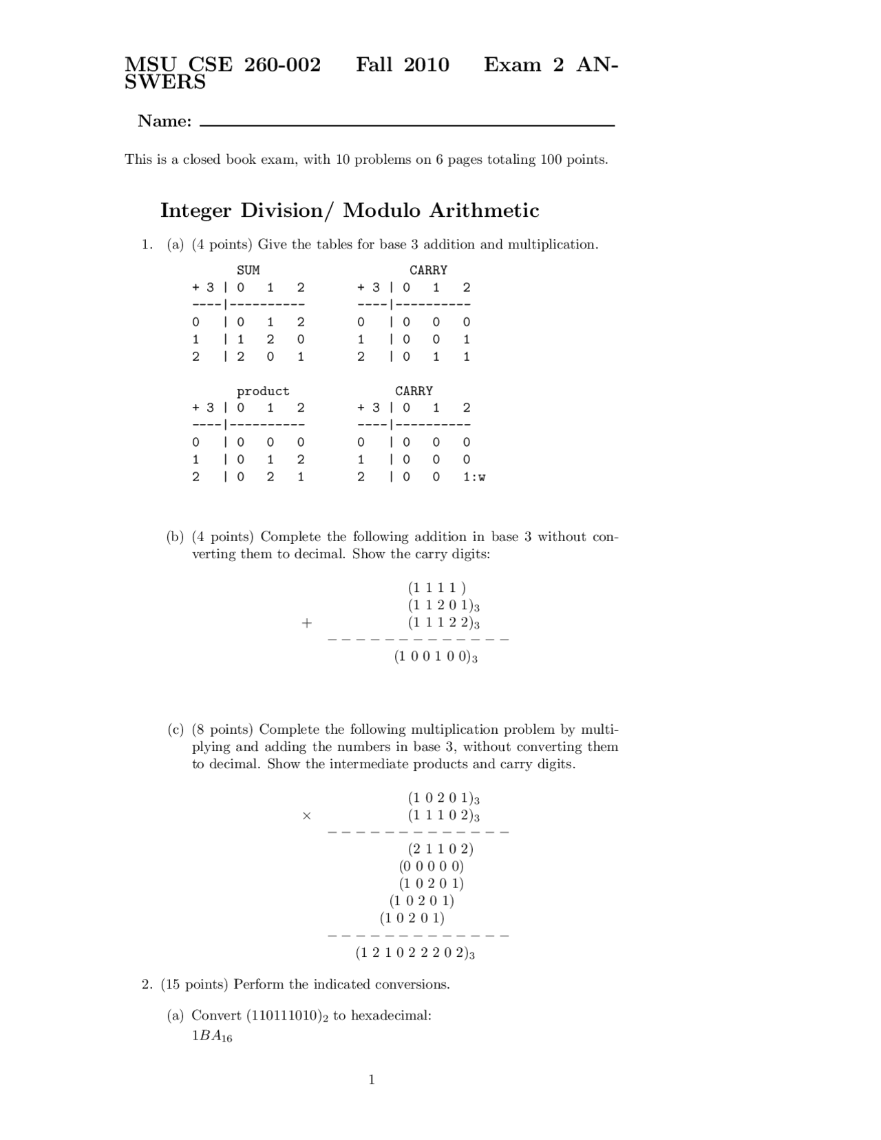 Exam 2 - 10 Questions - key - Integer Division, Functions | CSE 260 - Docsity