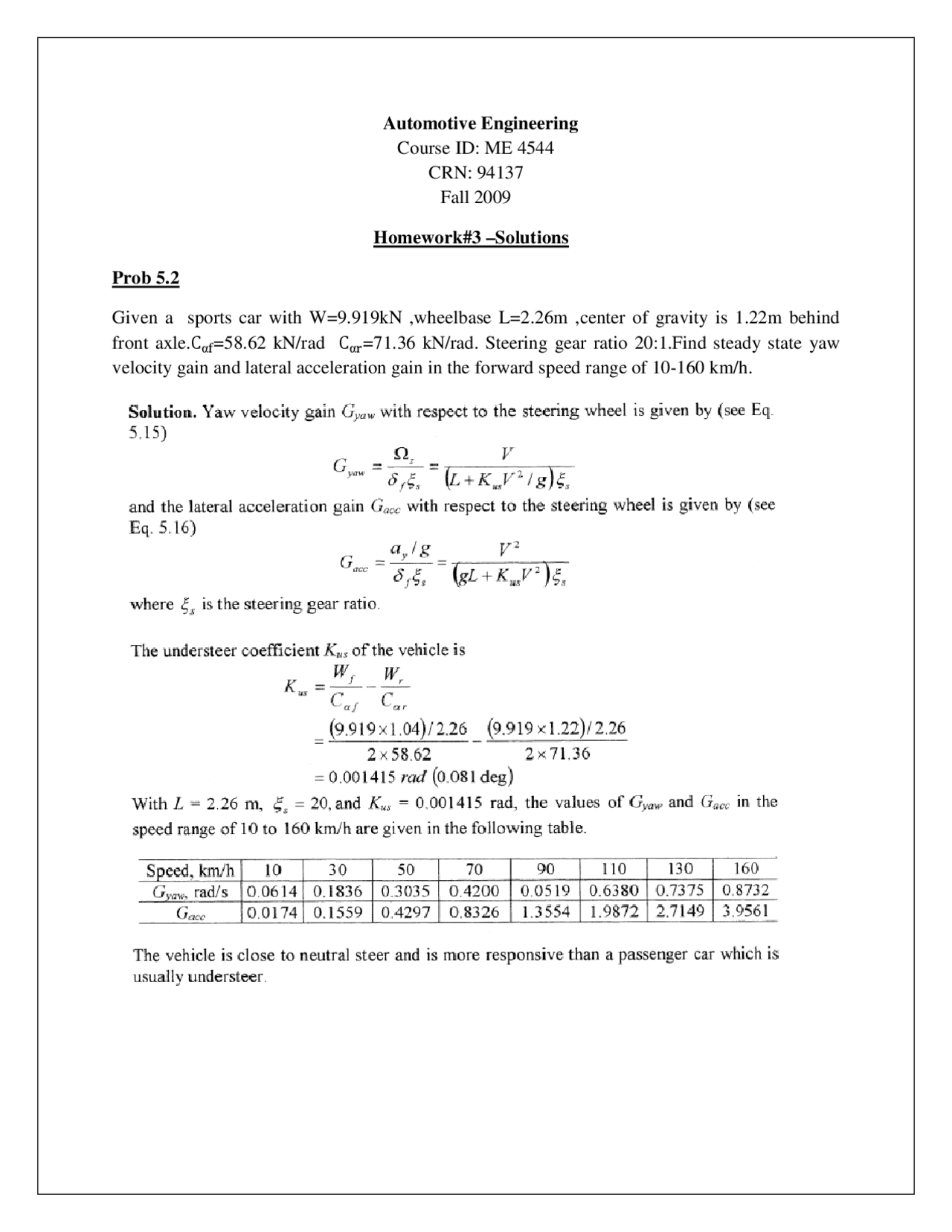 Automotive Engineering Homework Resolution | ME 4544 - Docsity
