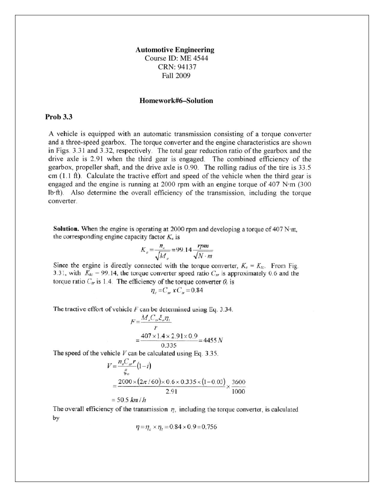 Homework 6 Solutions - Automotive Engineering | ME 4544 - Docsity