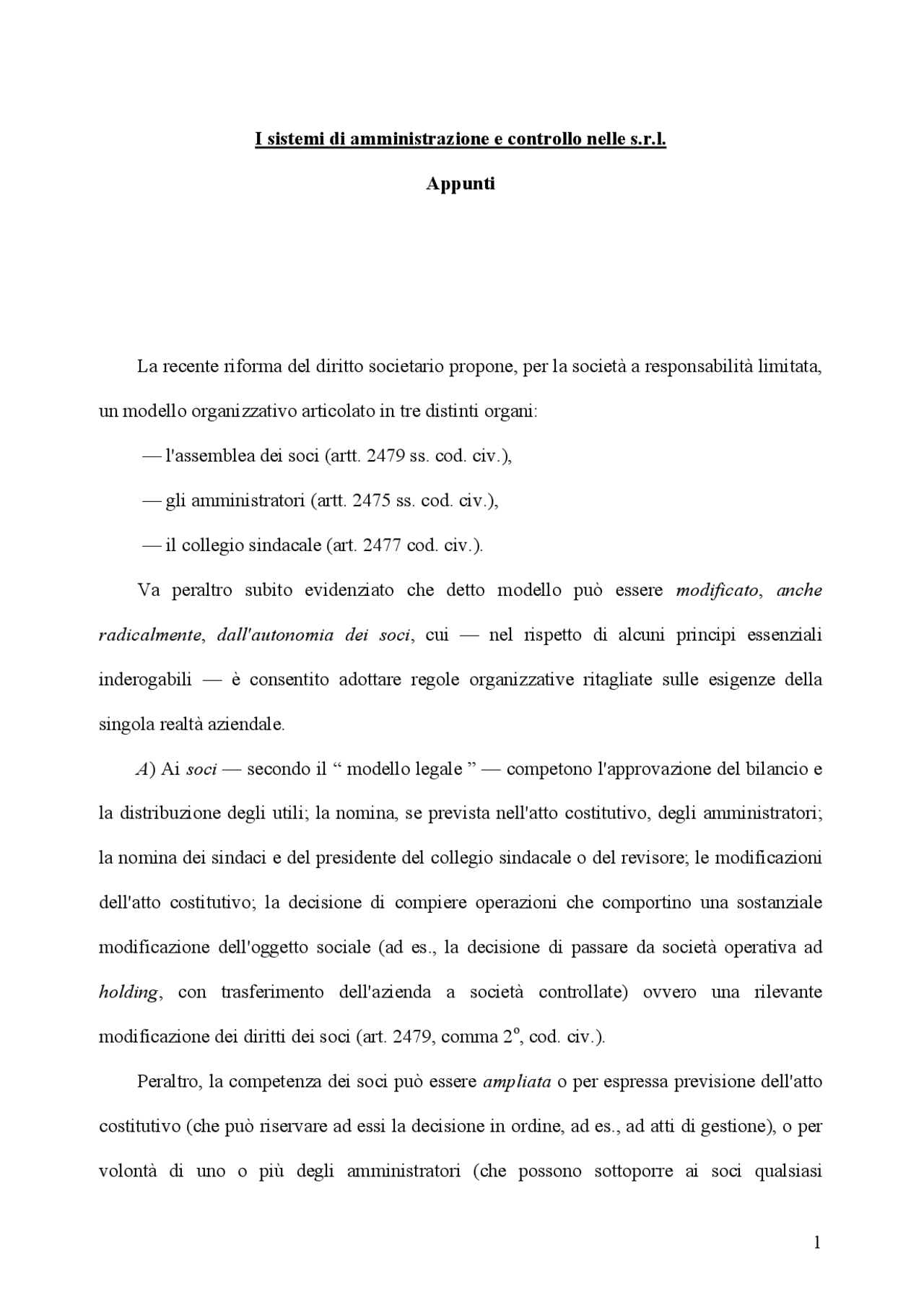 I Sistemi Di Amministrazione E Controllo Nelle Srl Docsity