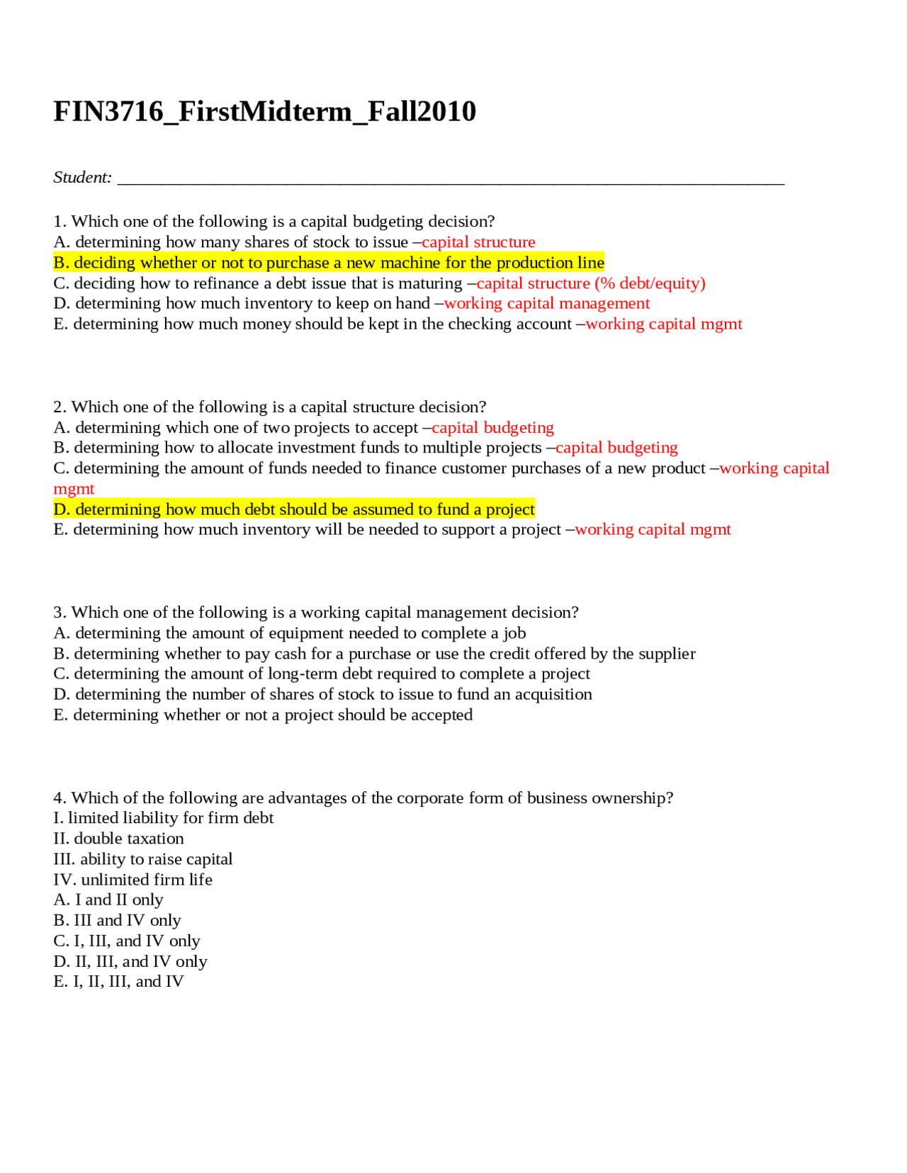 Sample Midterm For Financial Management Fin 3716 Docsity