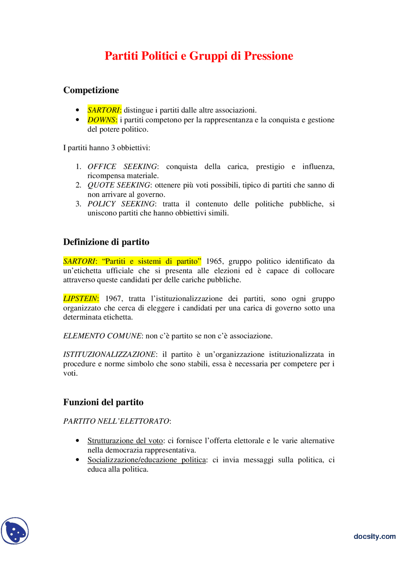 Appunti di Partiti Politici e Gruppi di Pressione (parte I) - Docsity