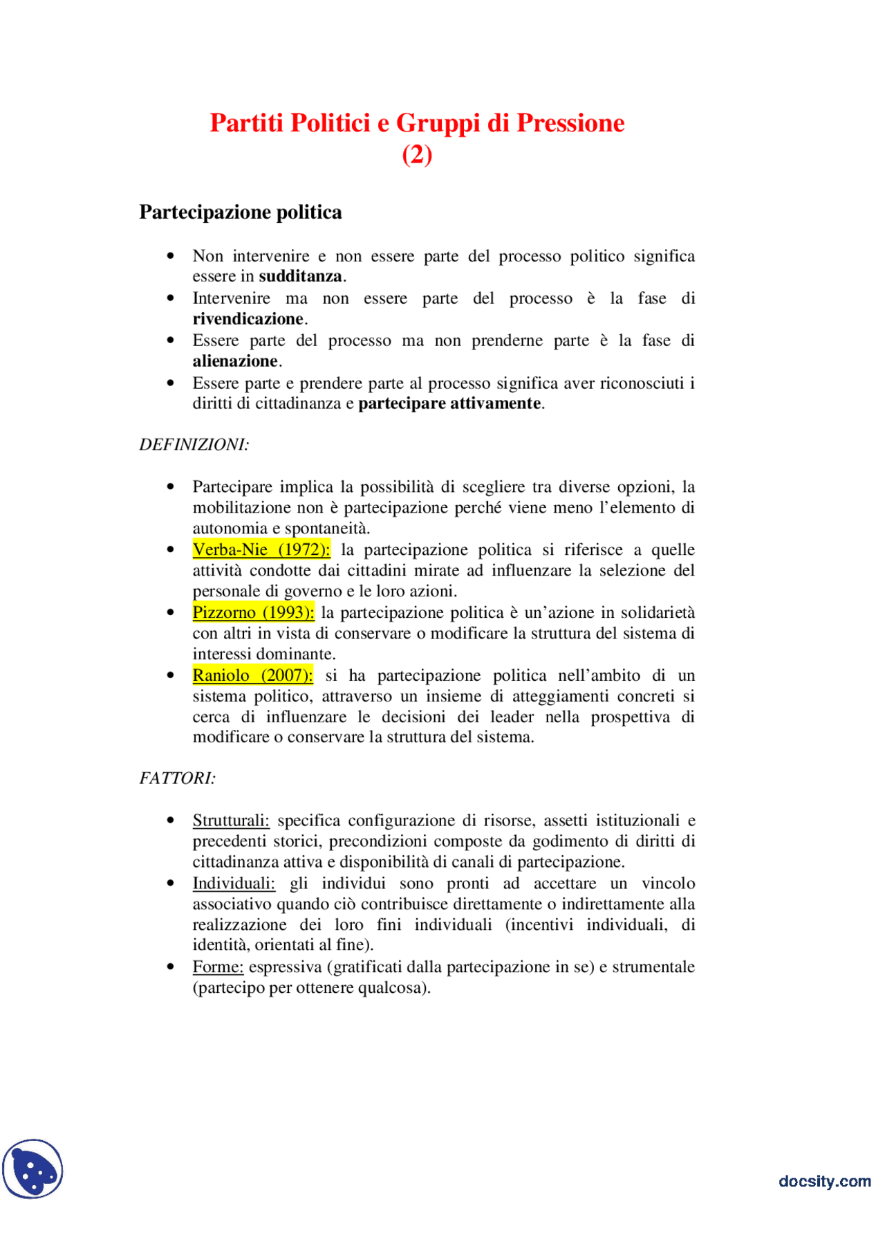 Appunti di Partiti Politici e Gruppi di Pressione (Parte II) - Docsity