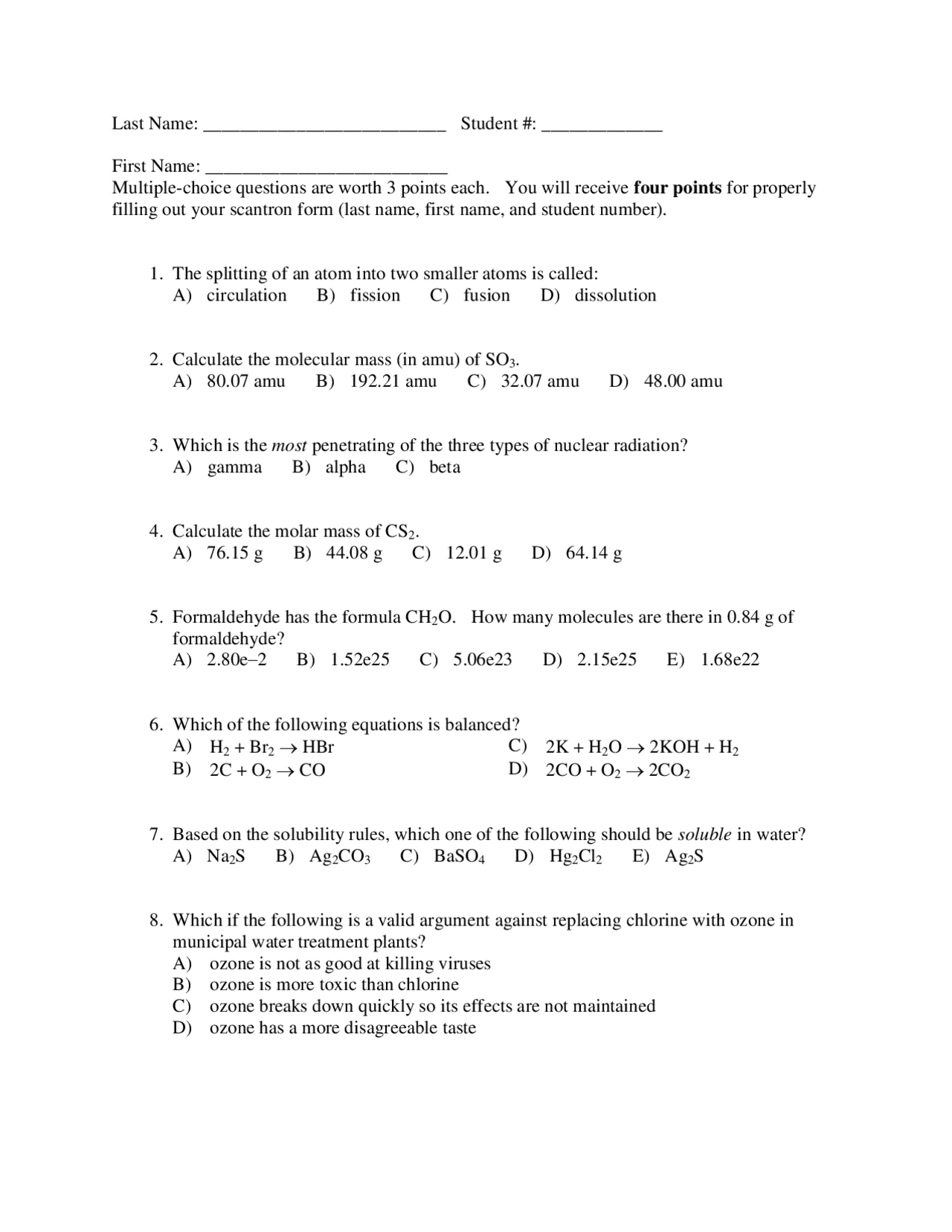 Atoms and Molecules with Lab - Practice Exam 2 with Answer Key | CHEM ...