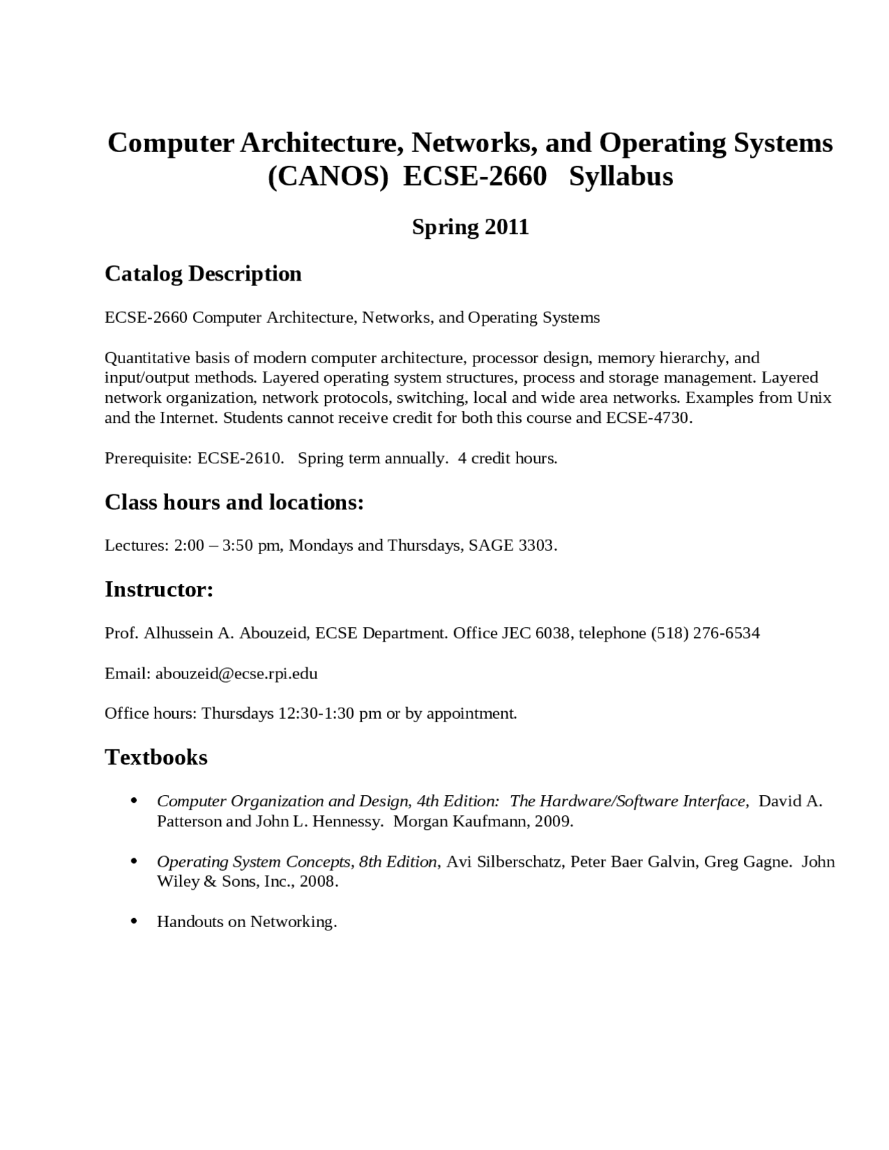 Computer Architecture Networks And Operating System Syllabus Ecse 2660 Docsity