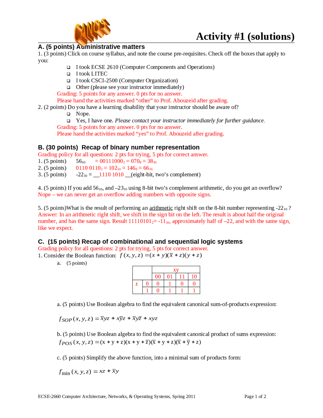 Administrative Matters and Recap of Binary Numbers Representation | ECSE 2660 - Docsity