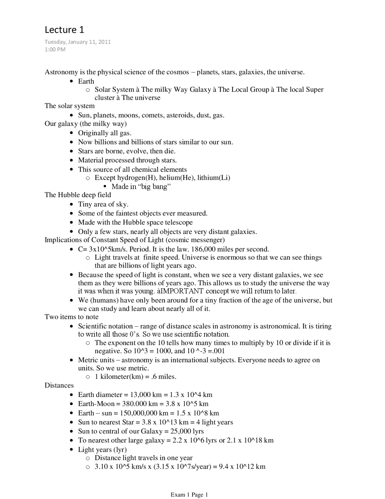 Lectures From The First Exam Visions Of The Universe Isp 205 Docsity