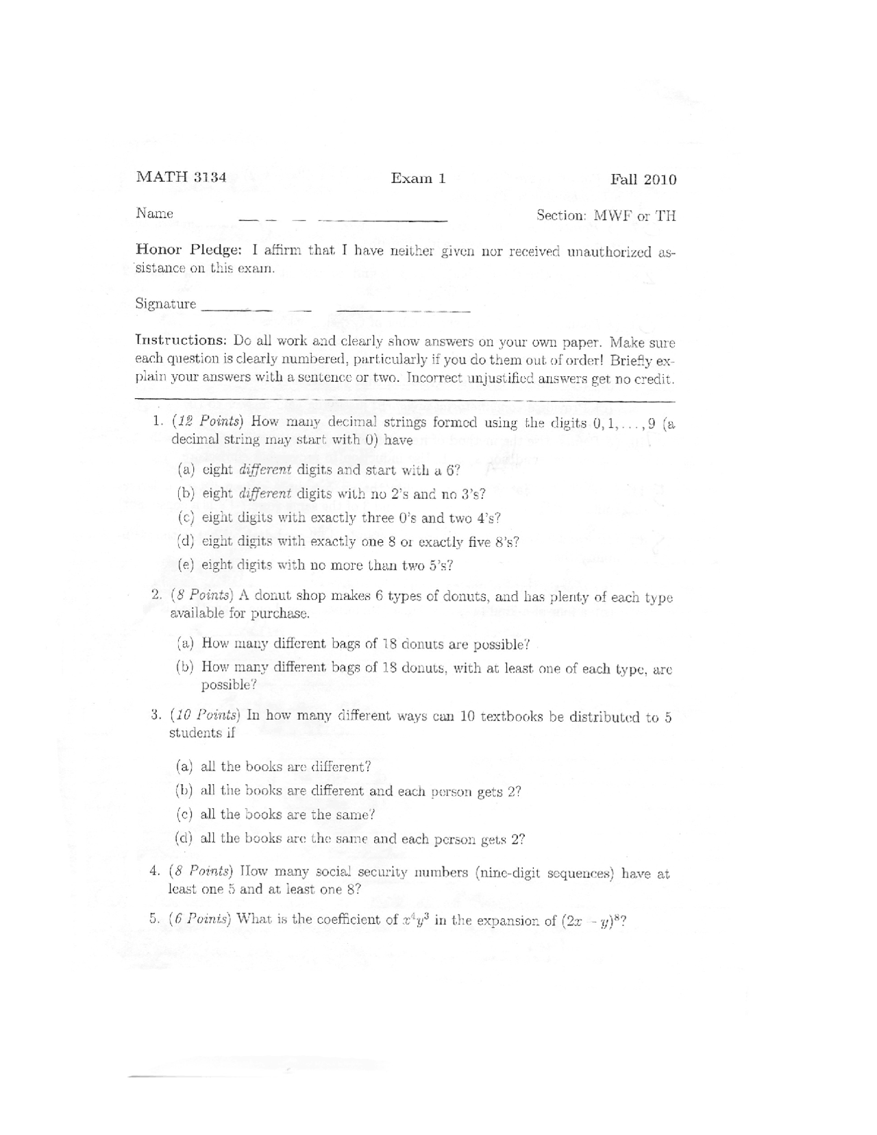 12 Questions On Applied Combinatorics Exam 1 Fall 2010 Math 3134 Exams Mathematics Docsity