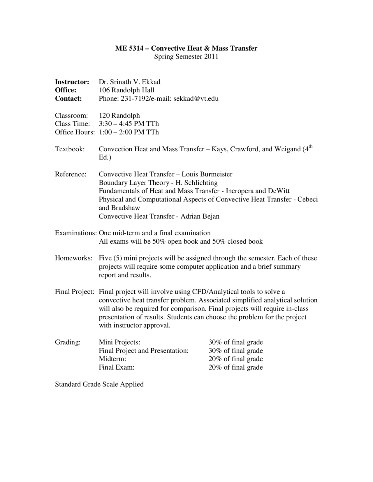 Course Syllabus Convective Heat And Mass Transfer Me 5314 Docsity