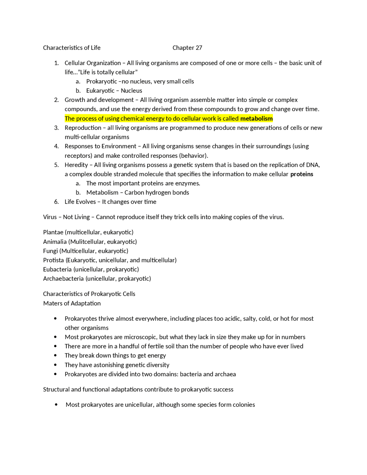 Lecture Notes On Characteristics Of Life Of Biodiversity Biol 1120
