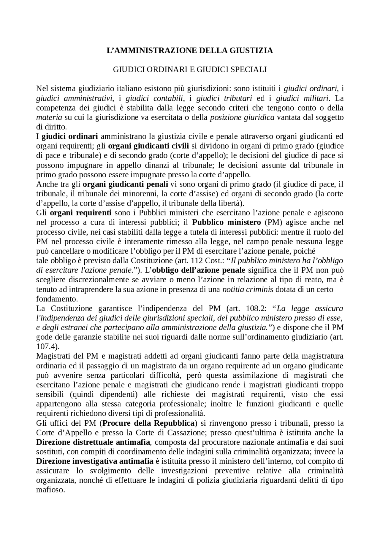 Amministrazione della giustizia 2010 - Giudici ordinari e Giudici speciali - Docsity