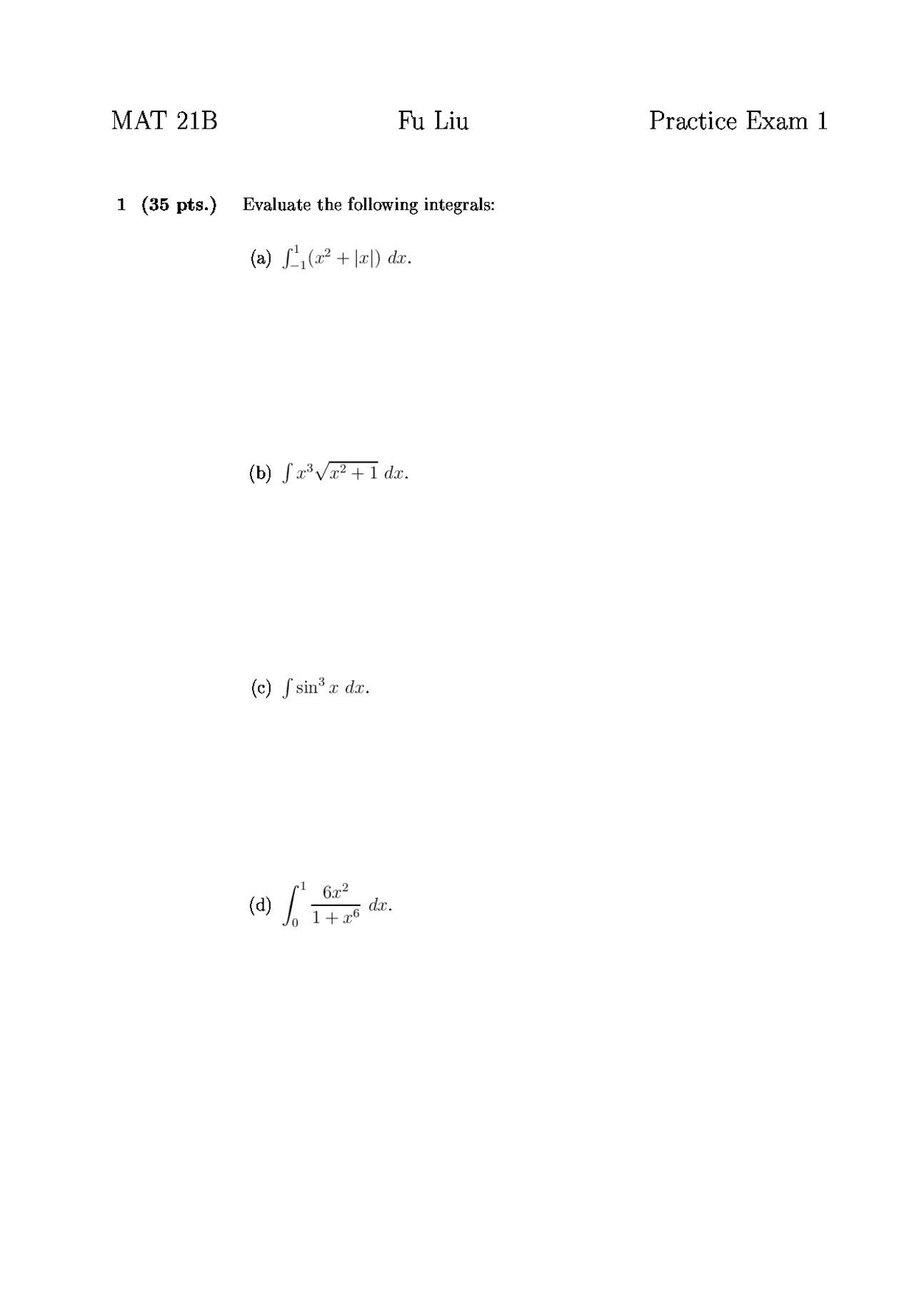 Practice Exam 1 Unsolved Questions For Calculus Mat 021b Docsity