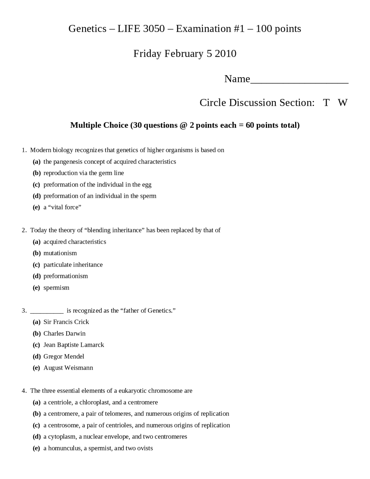35 Multiple Choice Questions on Genetics - Examination 1 | LIFE 3050 ...