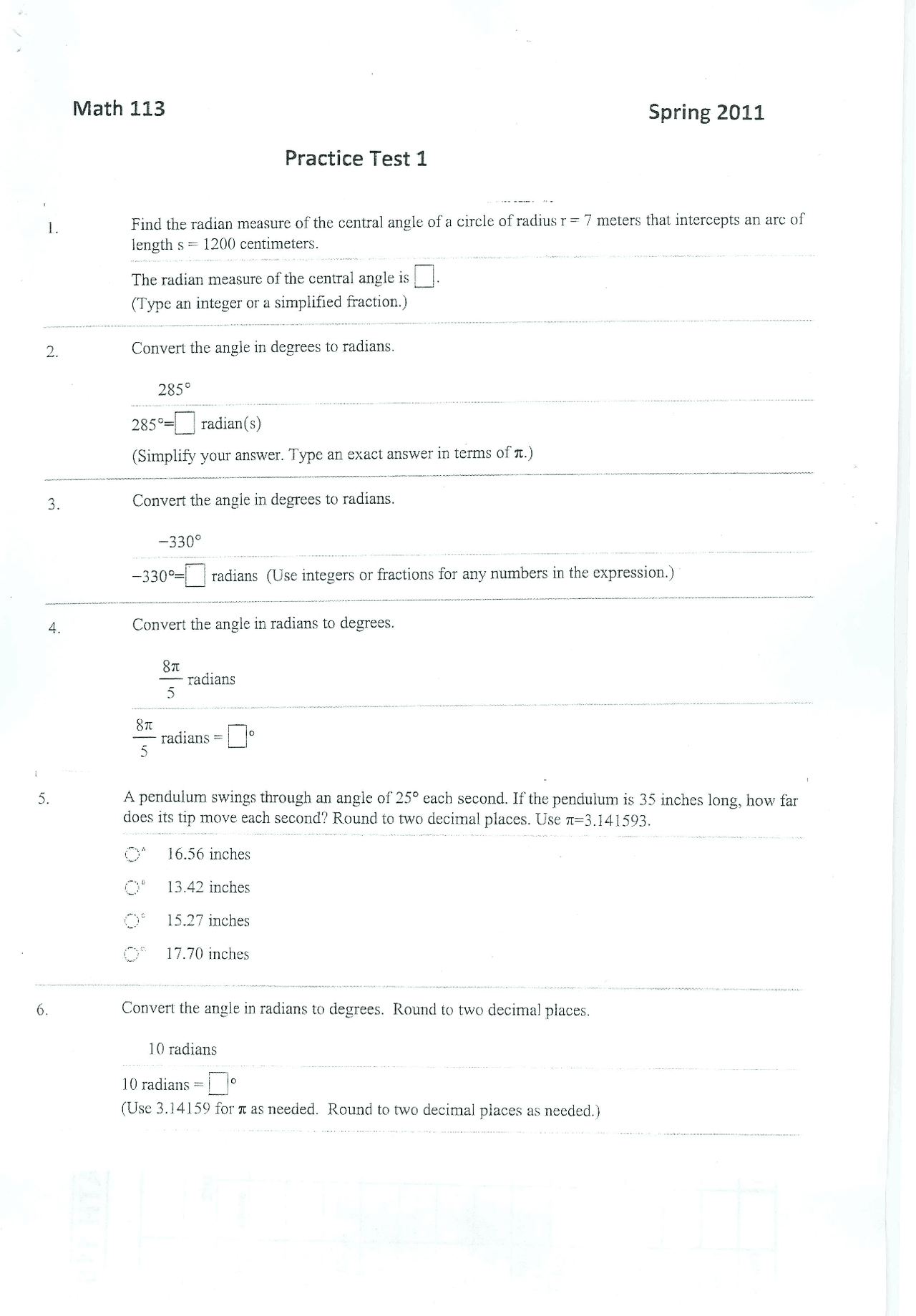 50 Solved Questions on Radian Measure - Exam 1 | MATH 113 - Docsity