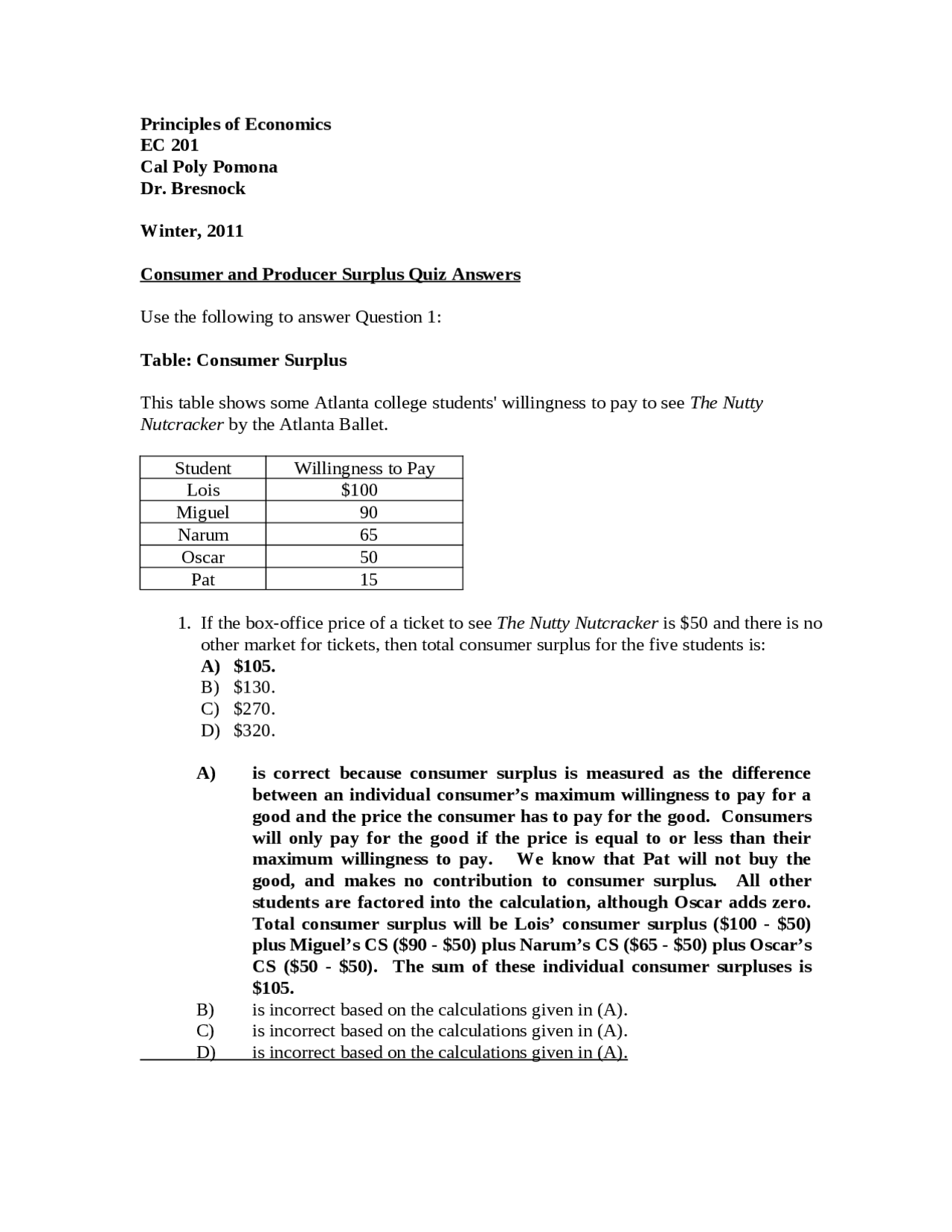 Consumer And Producer Surplus Quiz Notes Ec 201 Docsity