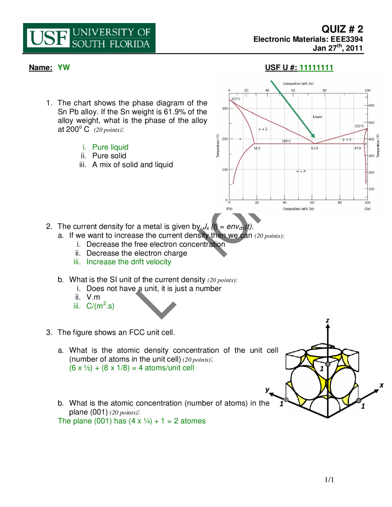 Practice Quiz 2 With Answers Electronic Materials Eee 3394 Docsity