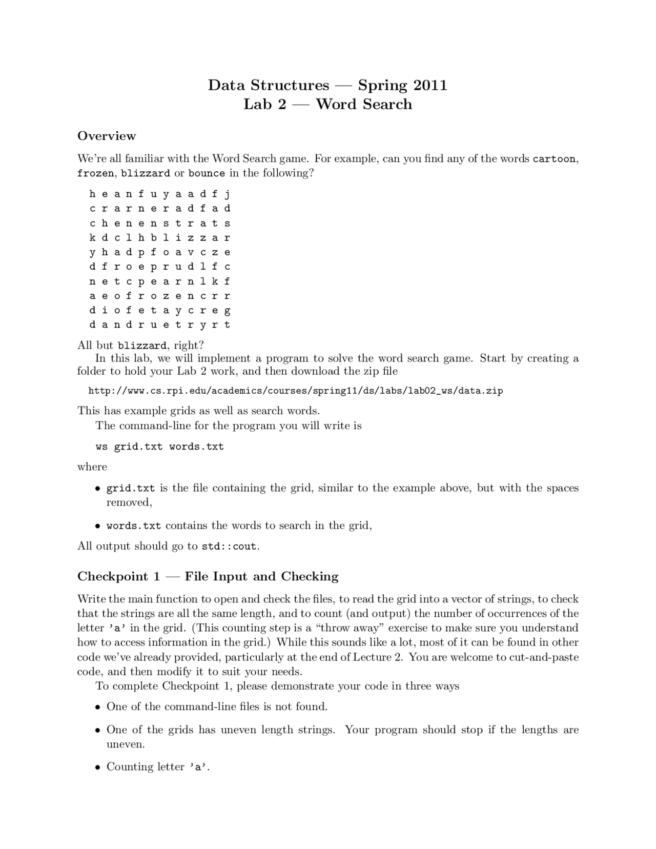 Word Search Lab 2 Data Structures Csci 1200 Docsity