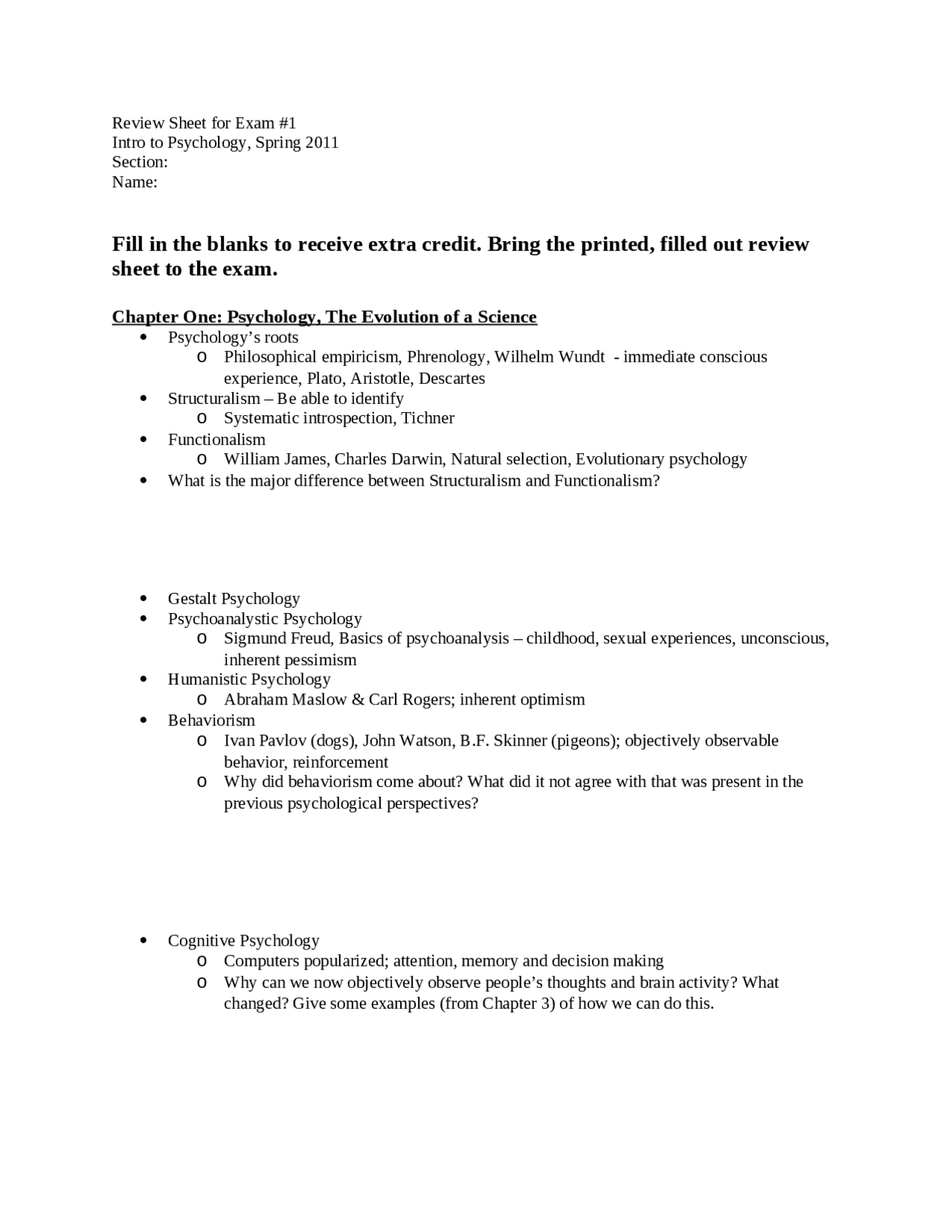 Review Sheet For Exam 1 Introductory Psychology Psyc 1113 Docsity