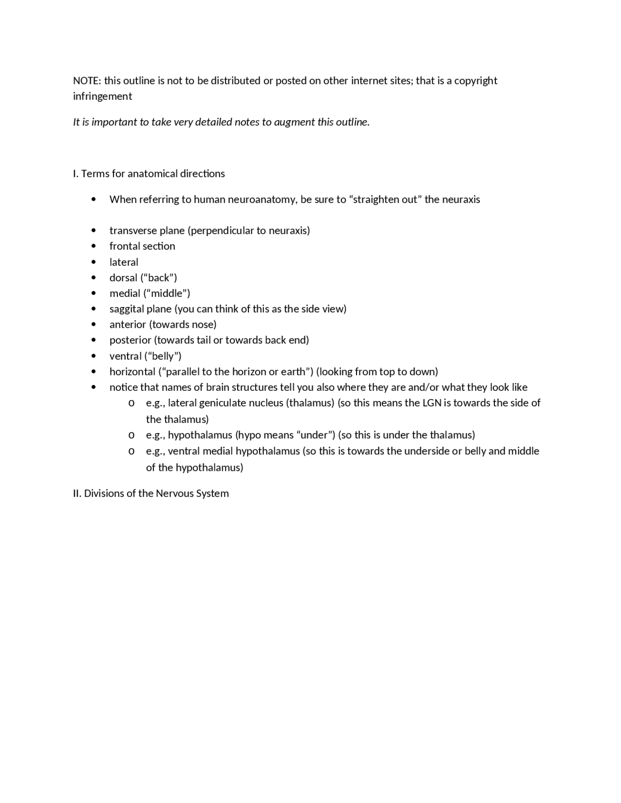 Anatomy Of Nervous System Biopsychology Lecture Notes Psyc 220