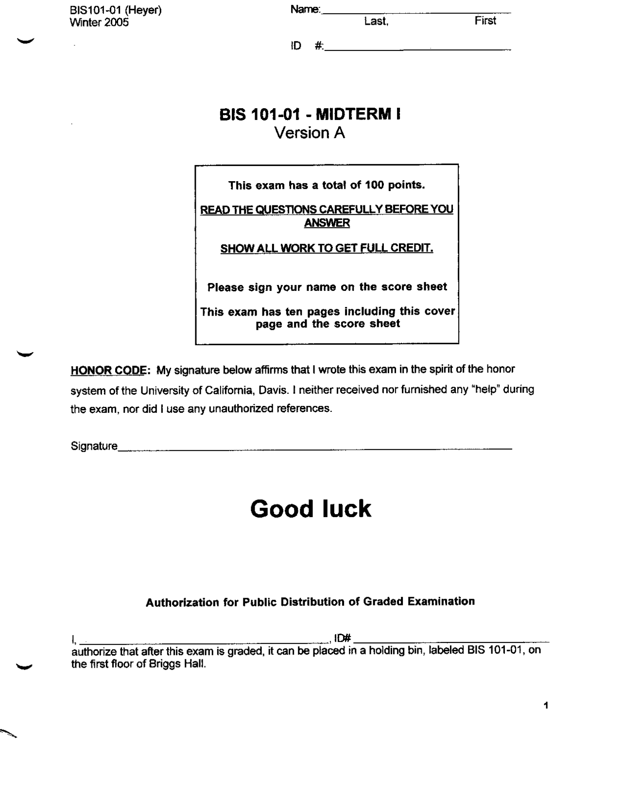 Midterm Exam I Genes And Gene Expression Bis 101 Docsity