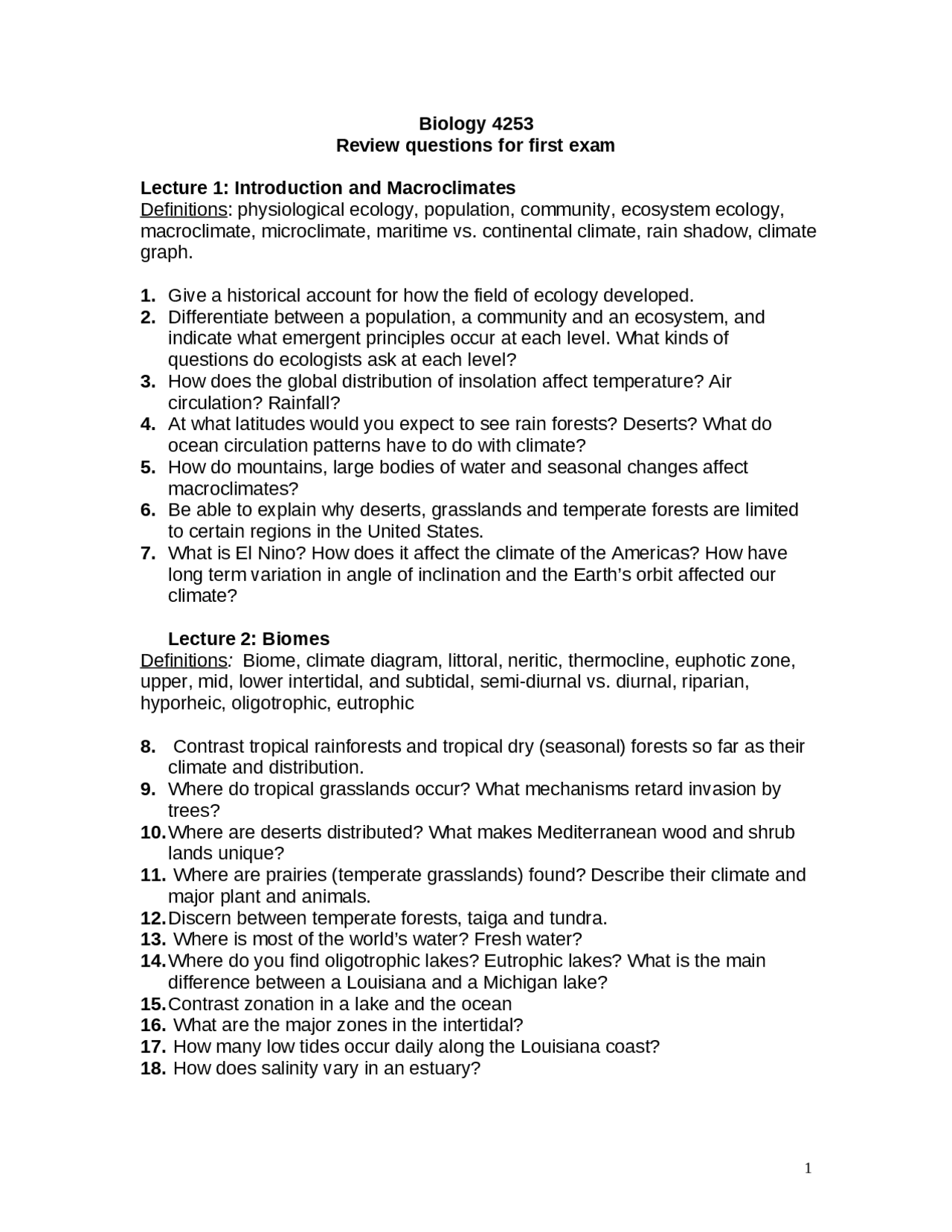 Review Questions for First Exam - Principles of Ecology | BIOL 4253 ...