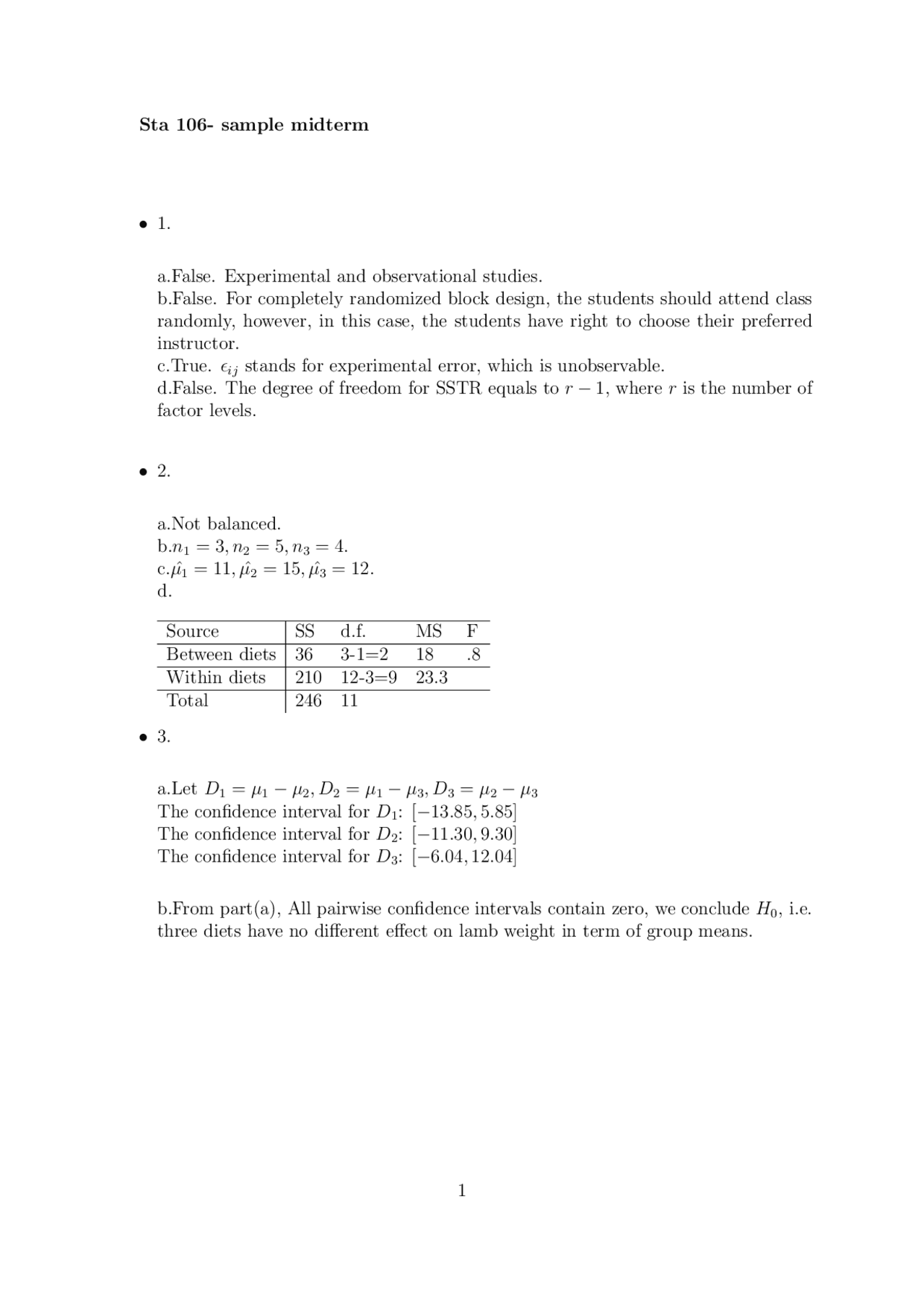 Sample Midterm Exam With Questions Analysis Of Variance Sta 106