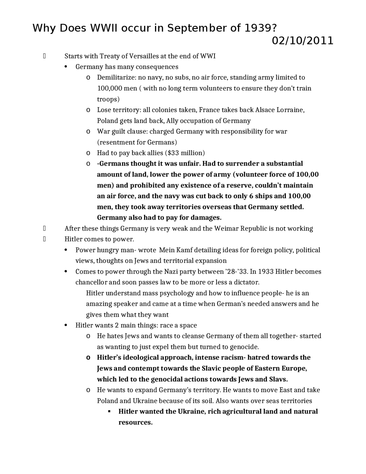 Why does WWII Occurs in September of 1939 - Handout | HIST 4130 - Docsity