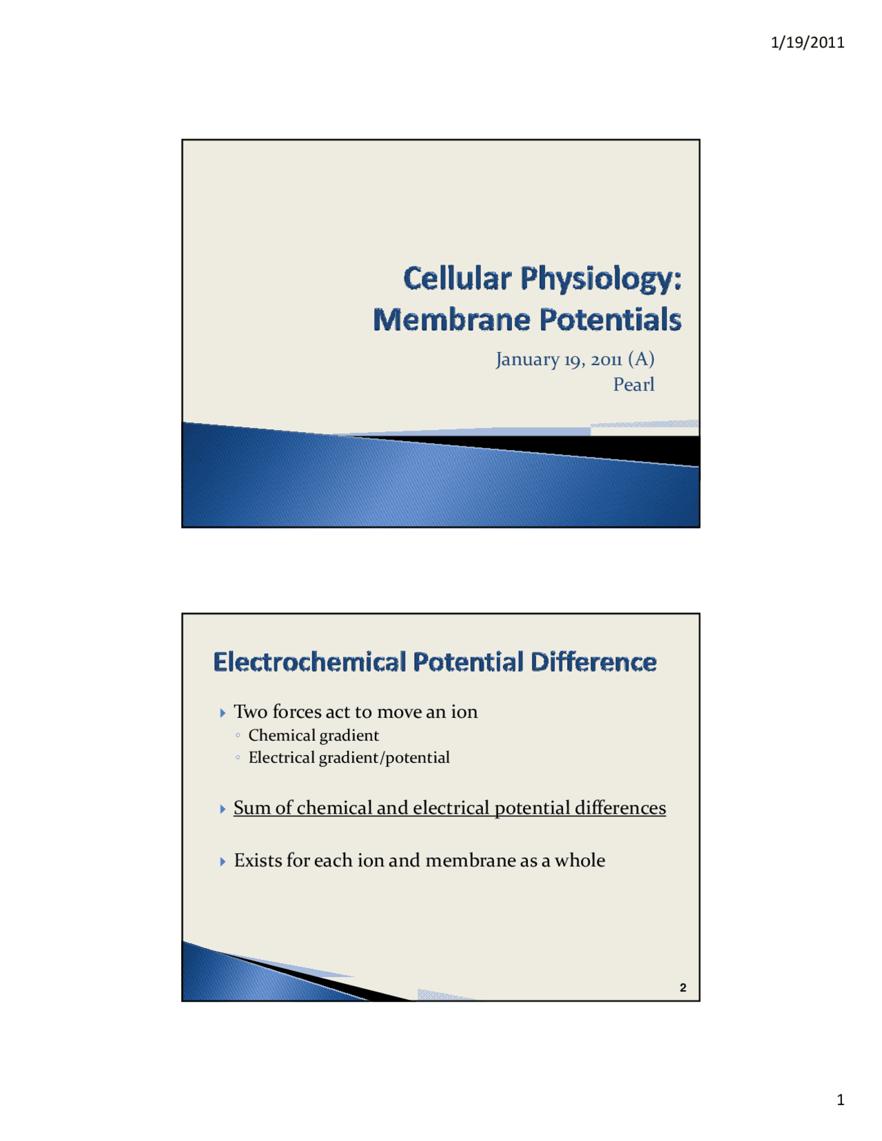 Cellular Physiology Membrane Potentials Lecture Slides Bios 3500