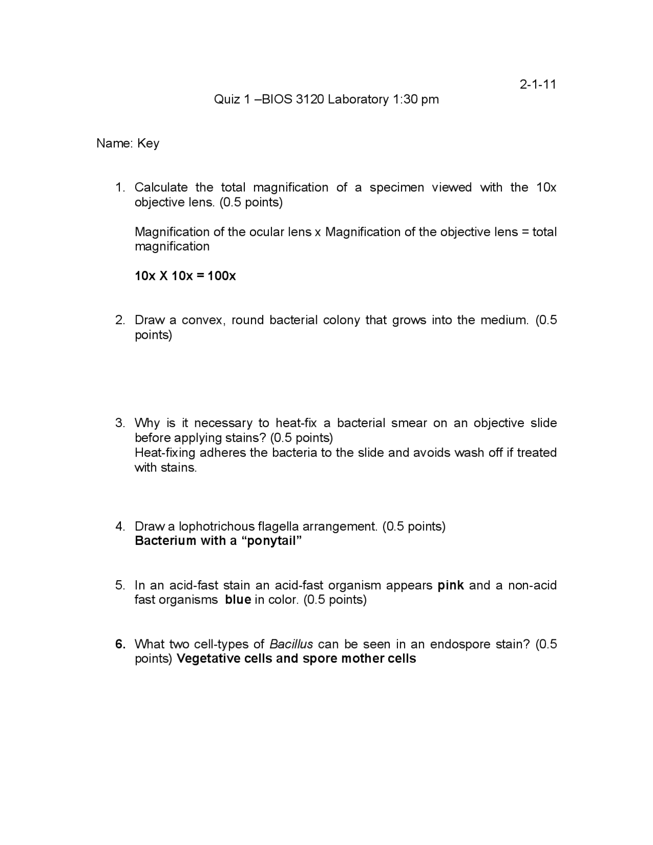 Quiz 1 With Solutions Key Microbiology Bios 3120 Docsity