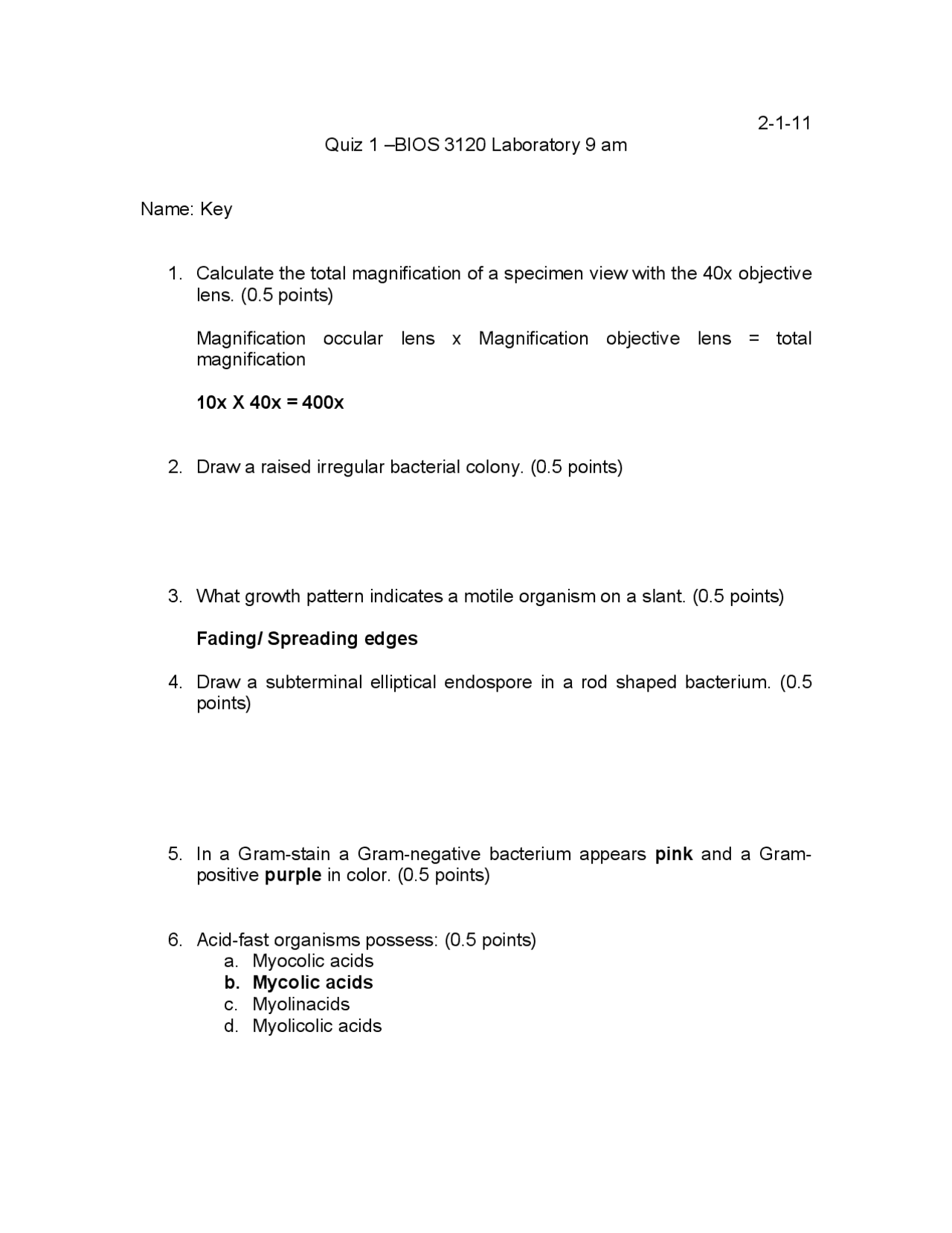 Quiz 1 With Answer Key For Microbiology Bios 3120 Docsity