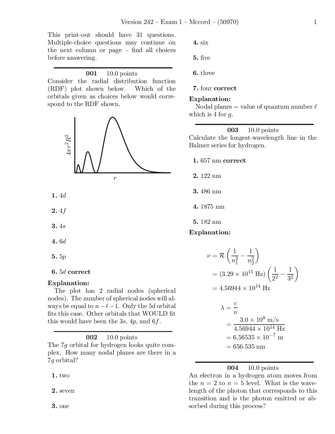 Past Exam 1 With Answer Key Principles Of Chemistry I Ch 301 Docsity