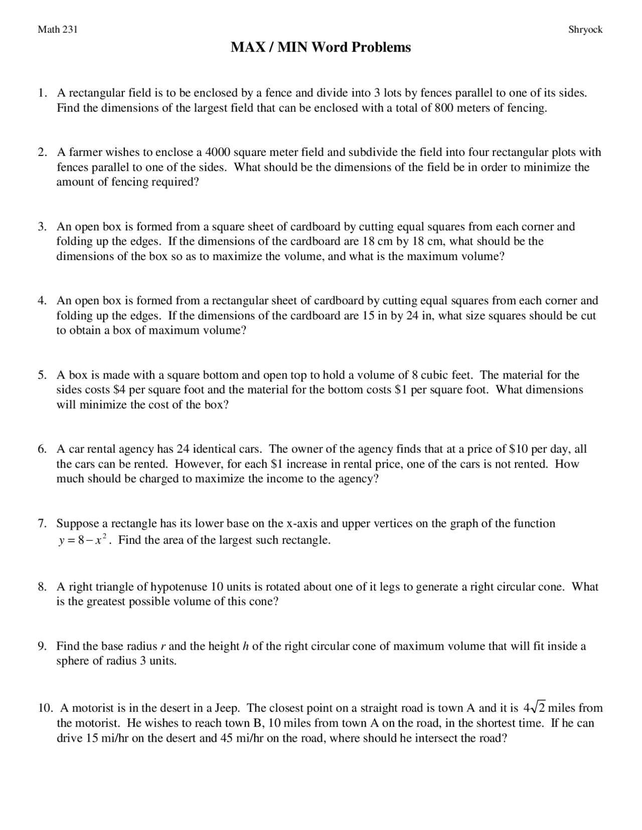 Calculus Of Functions Of One Variable I Solved 10 Questions Math 231 Docsity