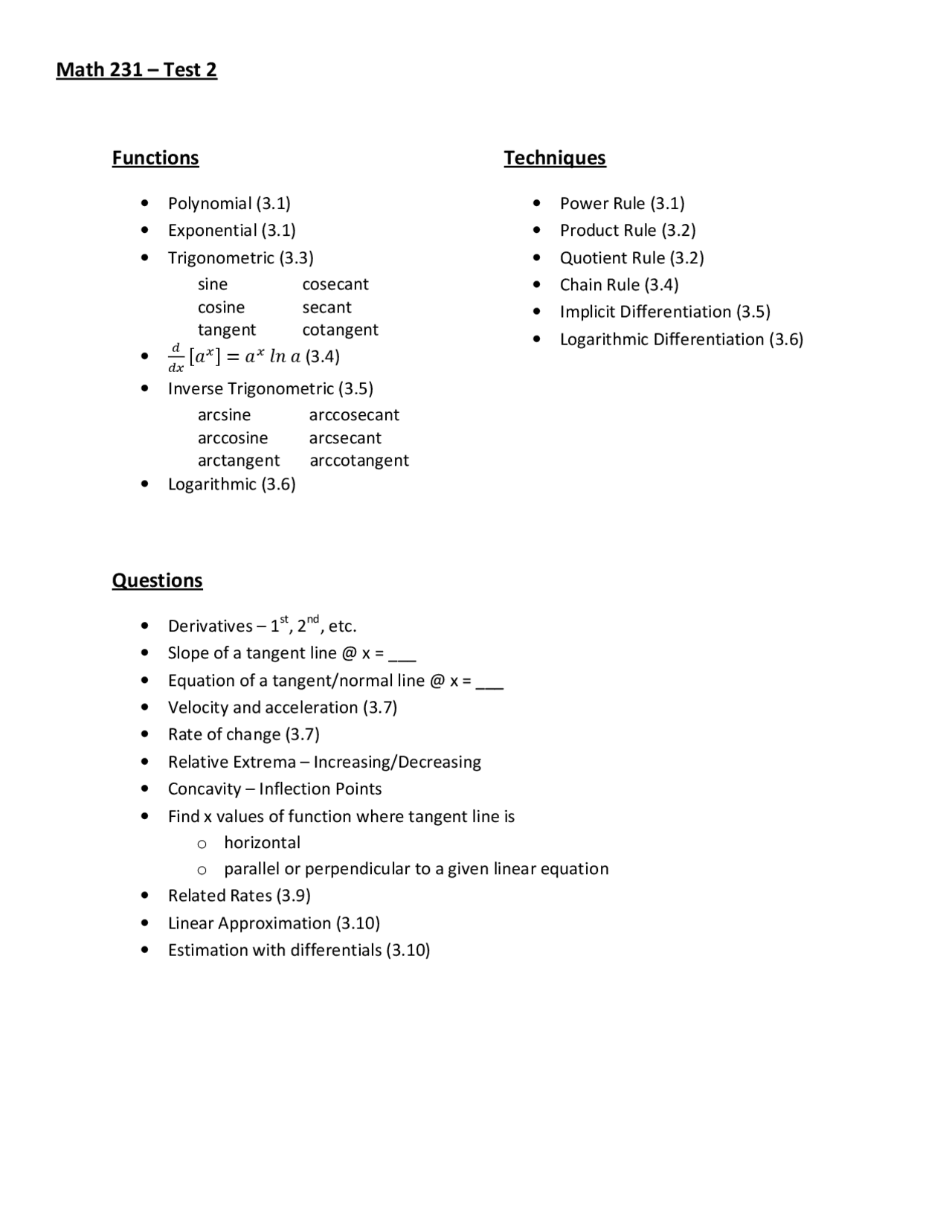 Test 2 Overview Calculus Of Functions Of One Variable I Math 231