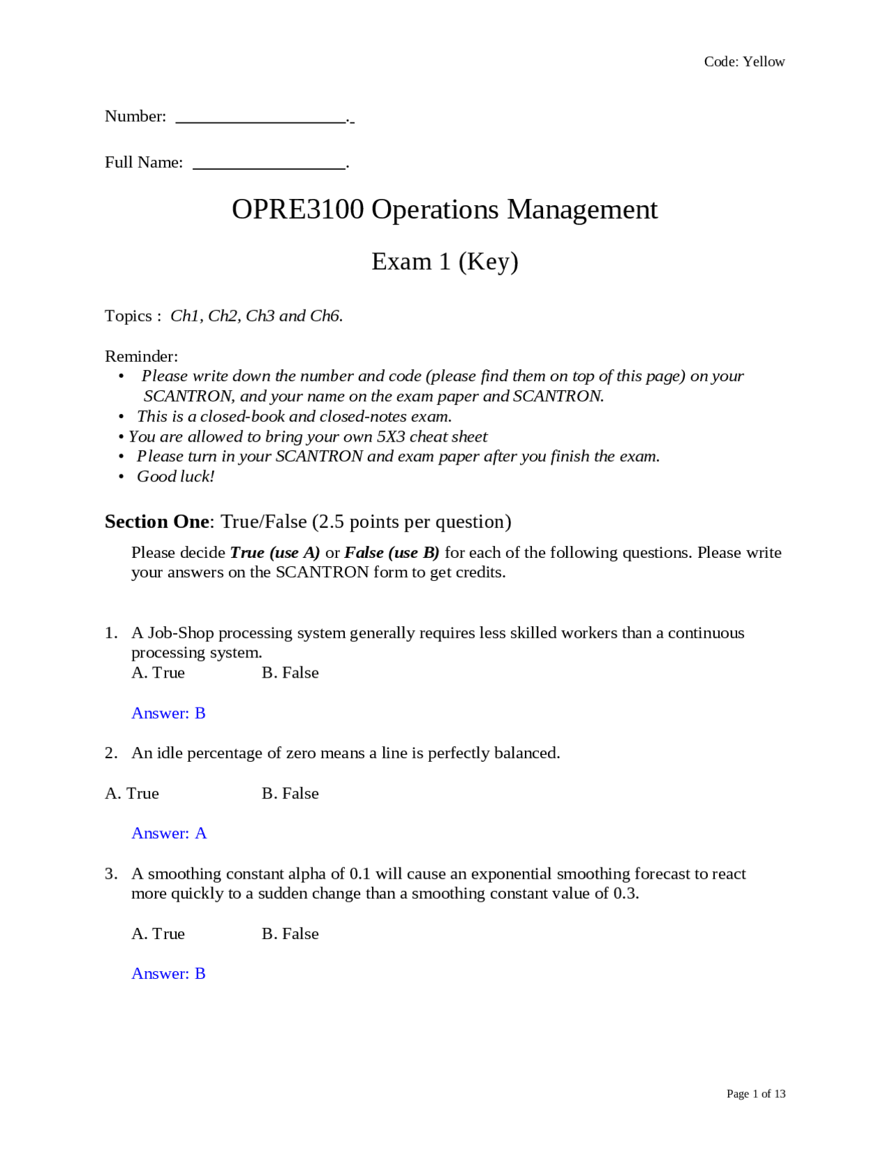 Operations Management Exam One Answer Key Oper 3100 Docsity