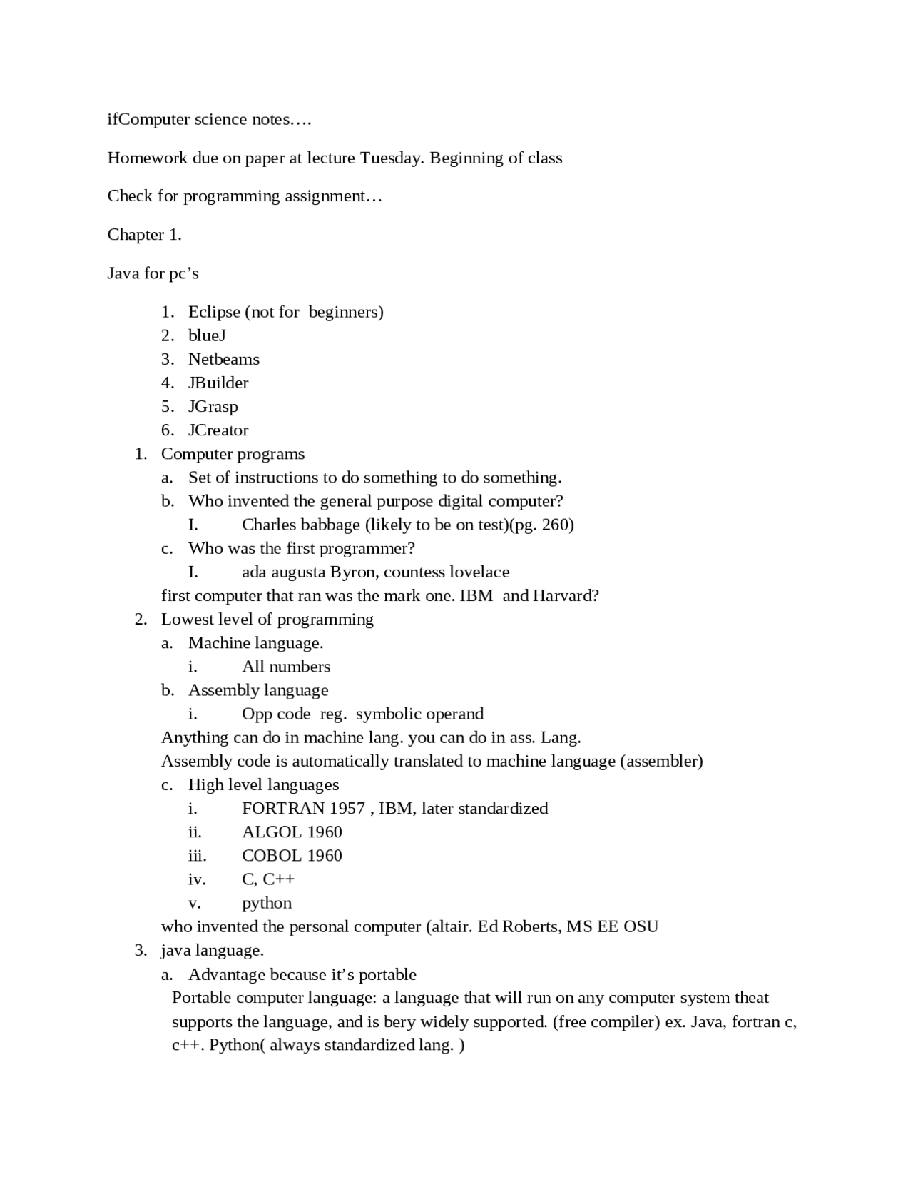 Computer Science Notes Through The First Exam Cs 1113 Docsity
