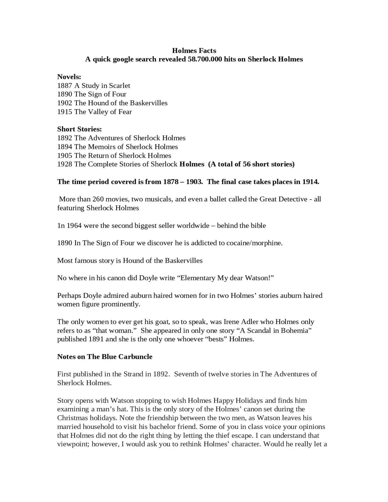 Notes on Sherlock Holmes Facts | ENGL 1624 - Docsity