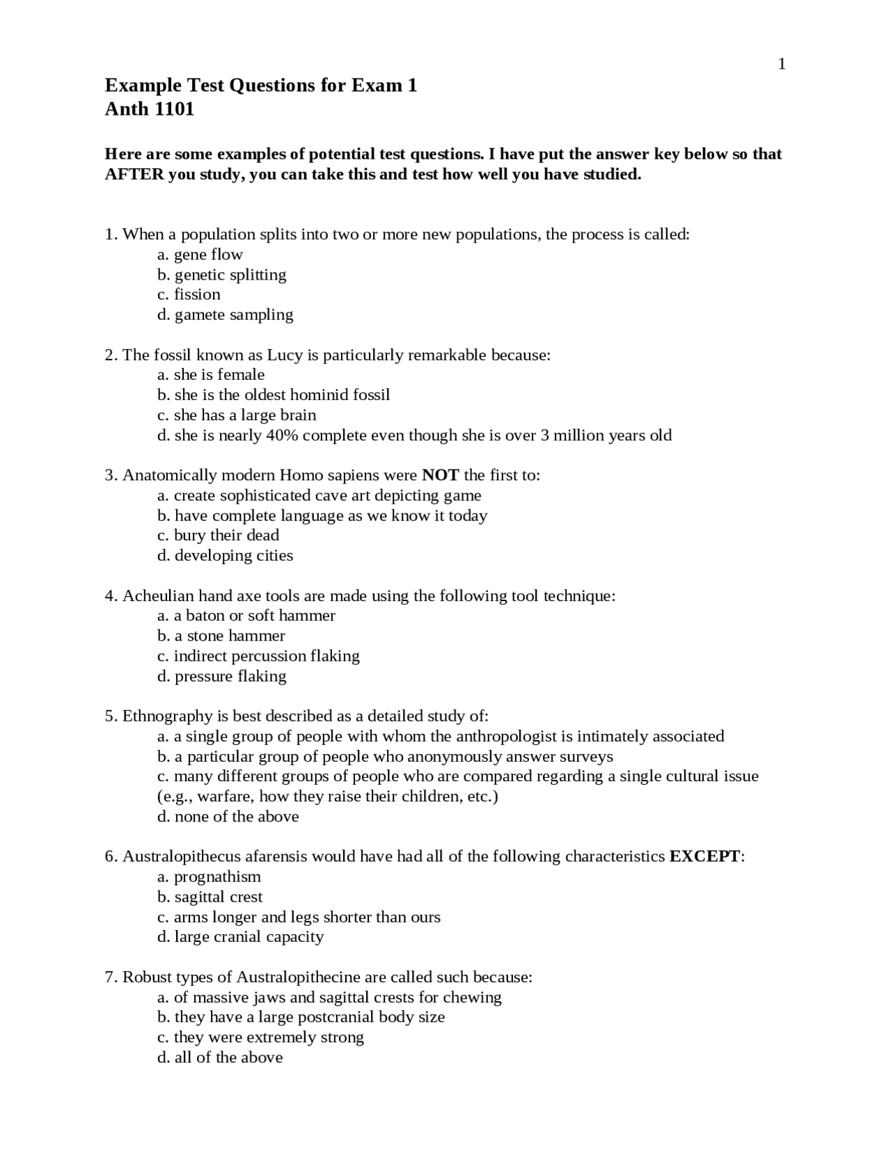 Test Questions For Exam 1 Introduction To Anthropology Anth 1101