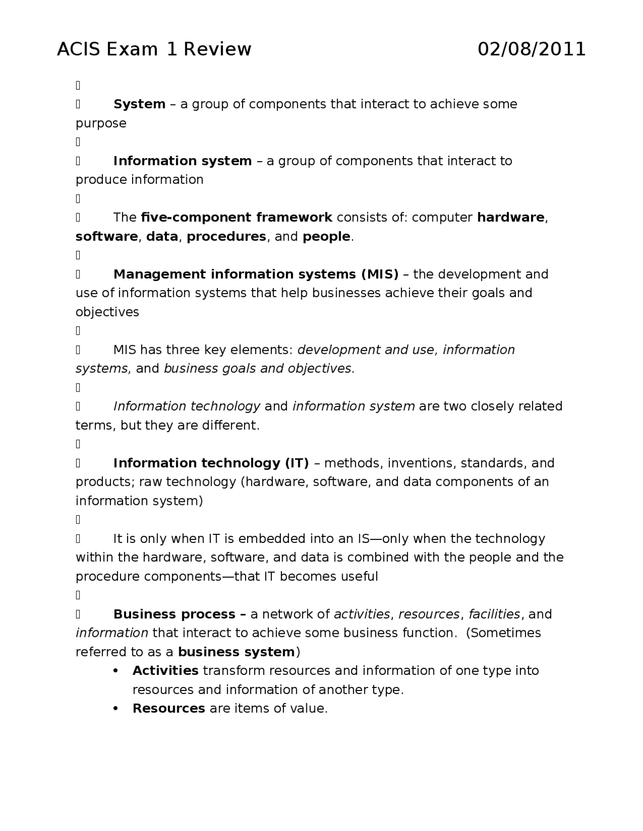 Exam 1 Review Introduction To Business Analytics And Bi Acis 1504