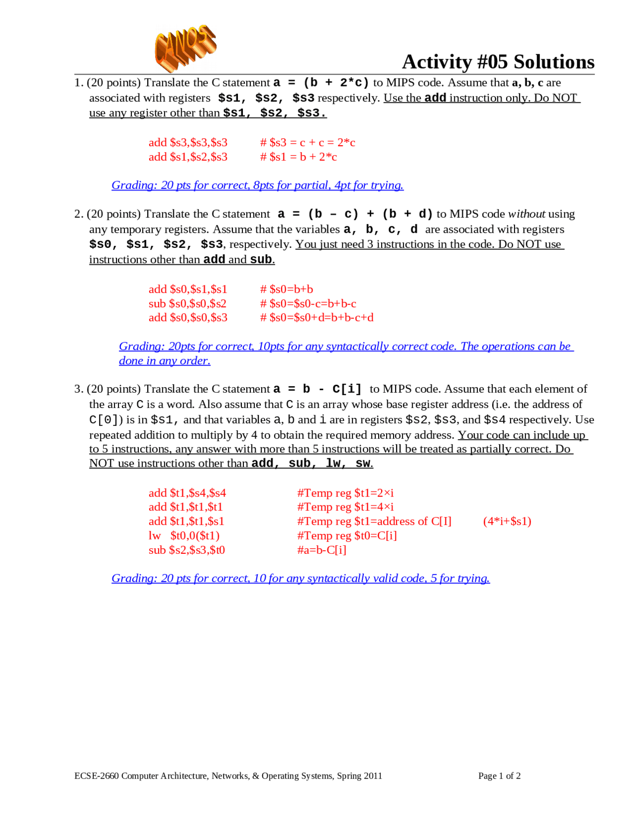 In Class Activity 5 Solutions Computer Architecture Networks Ecse