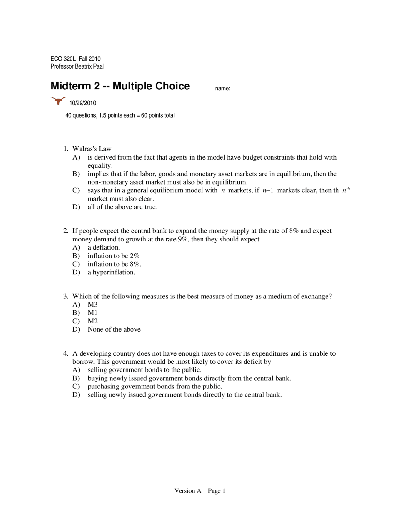 Midterm Exam 2 Answer Key Macroeconomic Theory Eco 320l Docsity