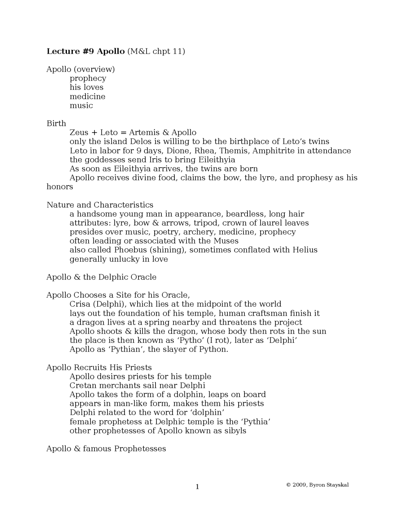 Apollo Greek Mythology Lecture Notes Clst 350 Docsity