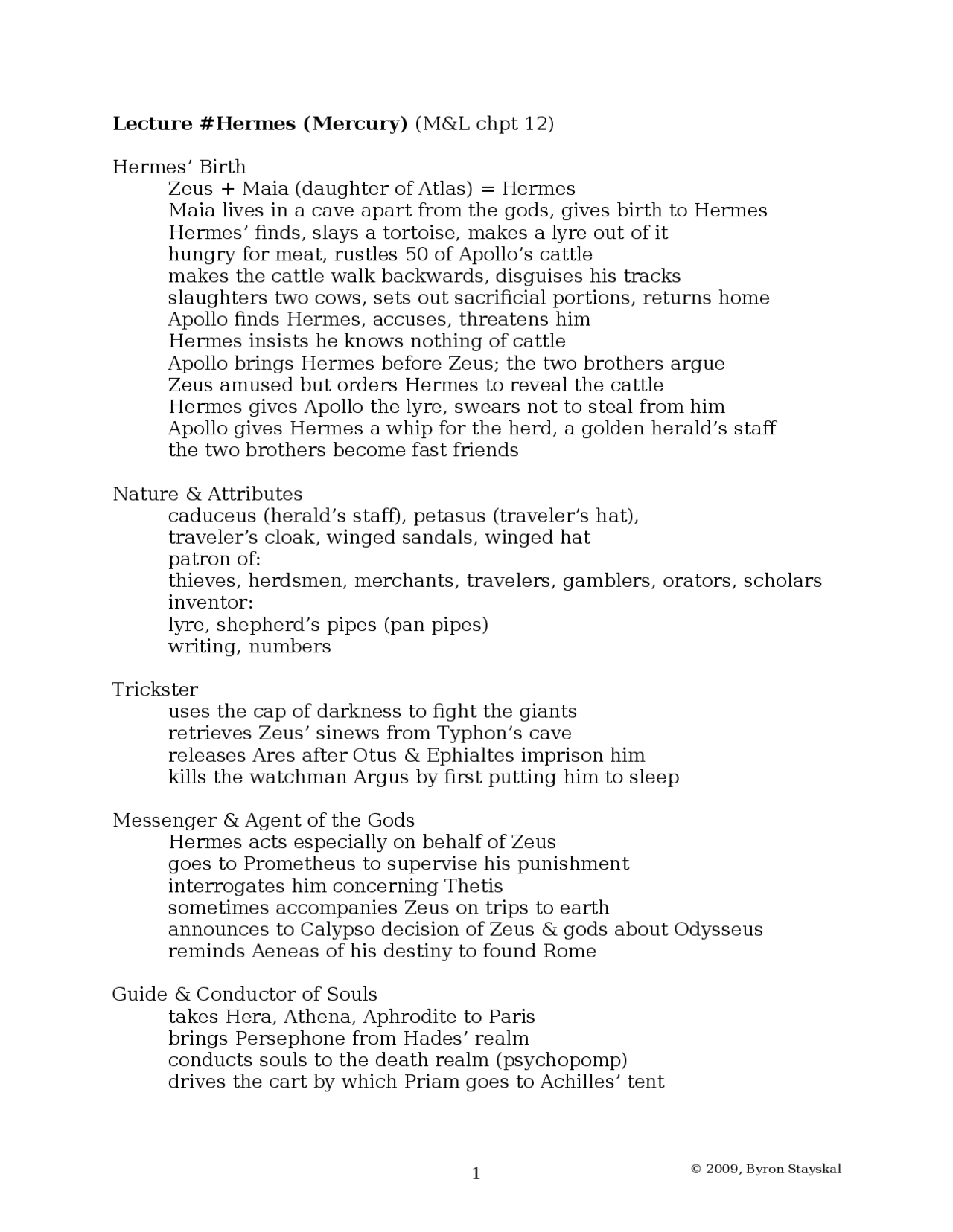Hermes Mercury Greek Mythology Lecture Notes Clst 350 Docsity