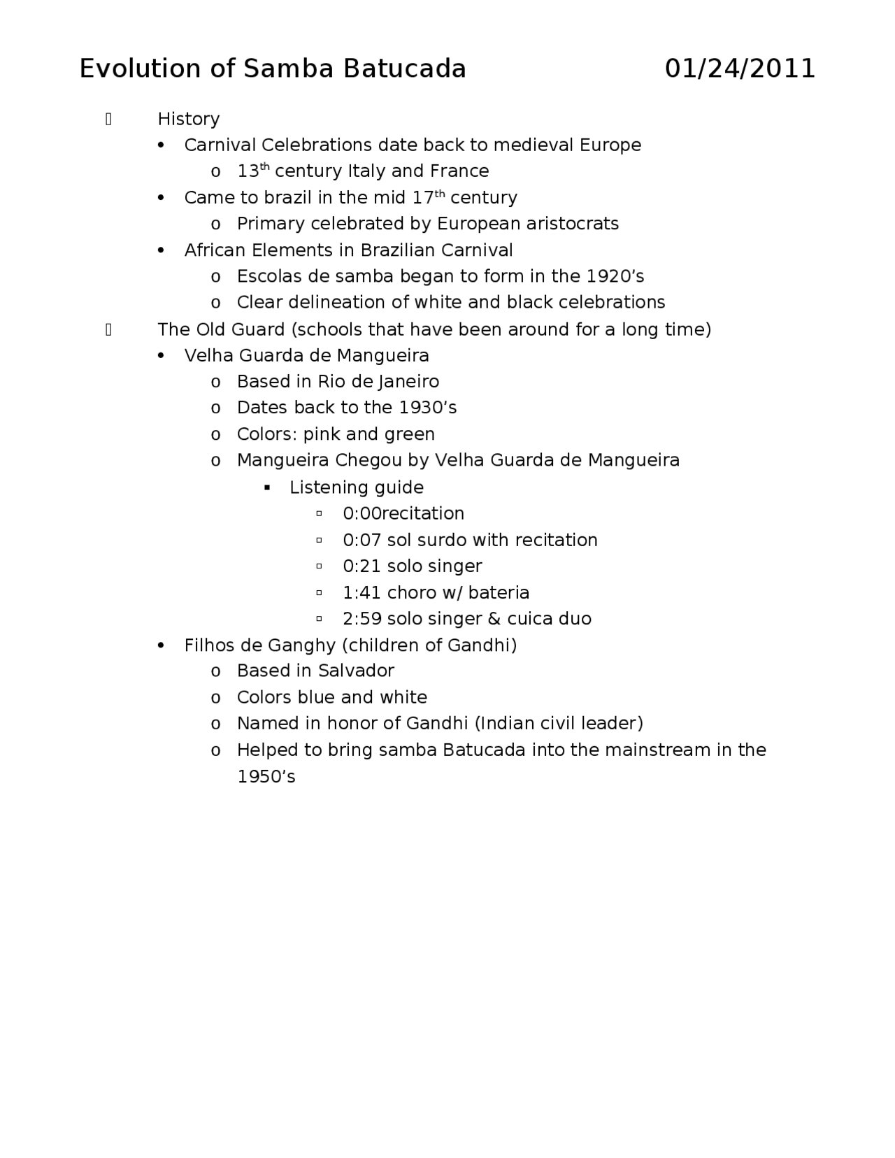 Evolution of Samba Batucada - History of Jazz | MUSC 200 - Docsity